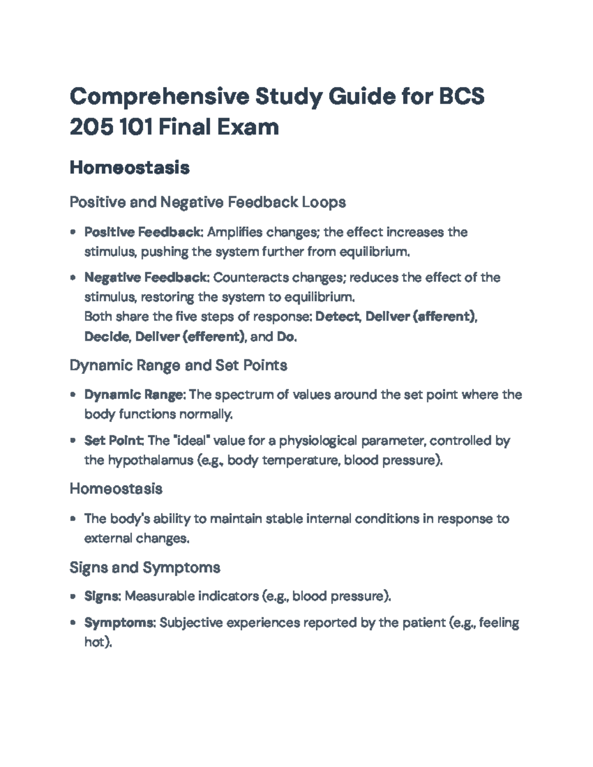 BCS 205 101 Final Exam Study Guide: Homeostasis & Physiology Concepts ...
