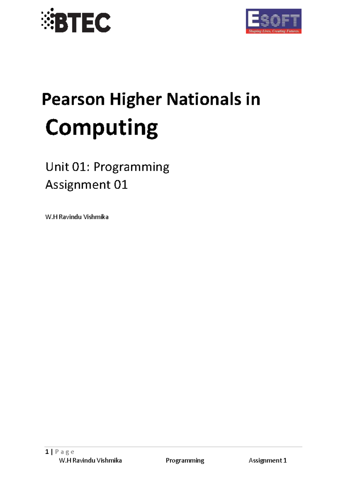 Unit 01: Programming Assignment 1 - Internal Verification & Feedback - Studocu