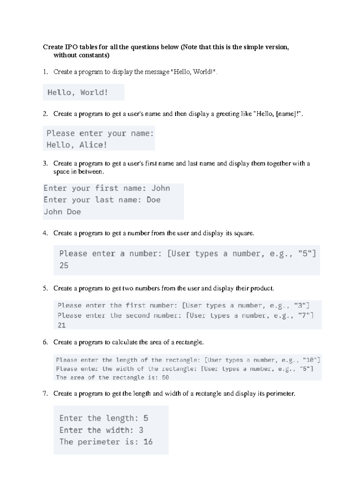 IPO Tables for Programming Exercises - Basic Tasks - Studocu