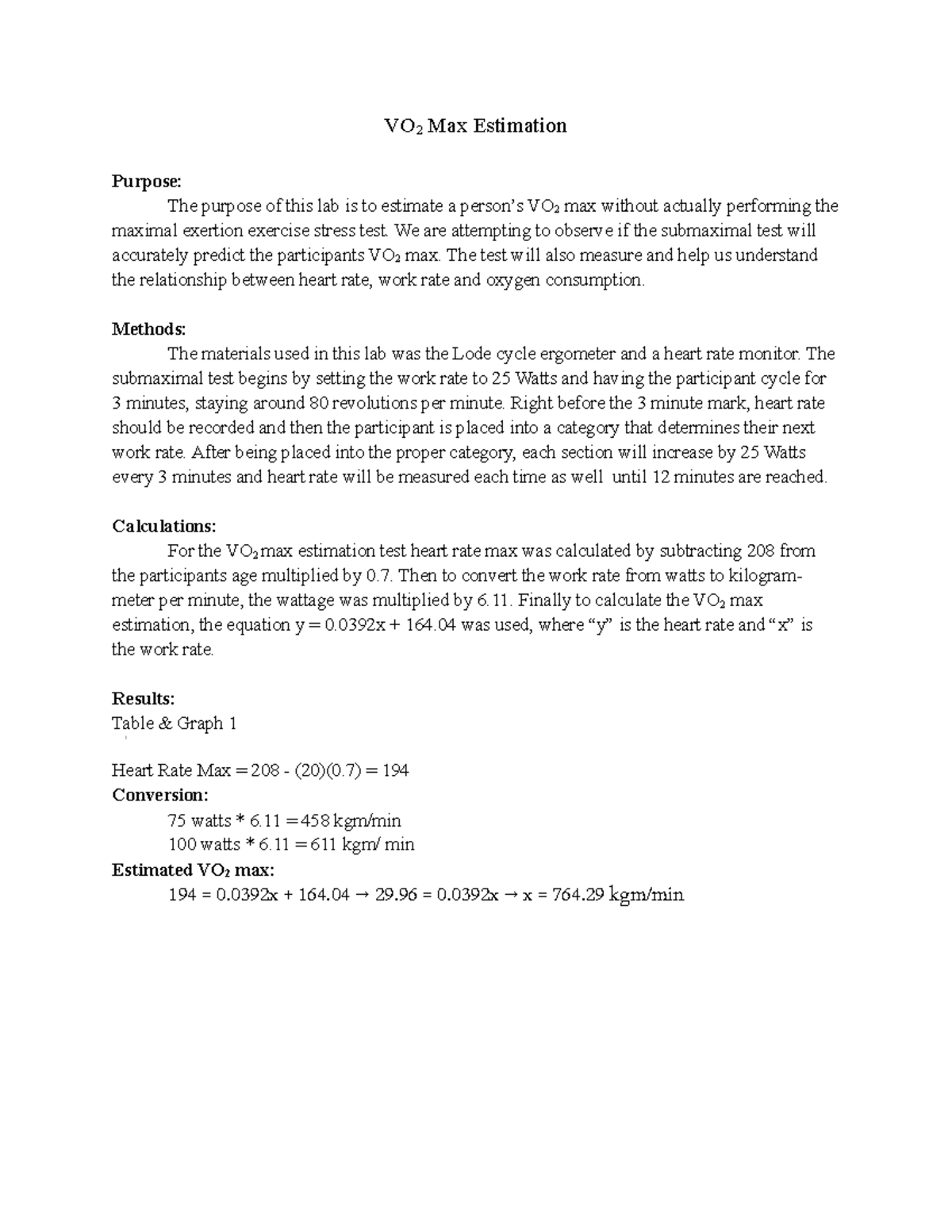 VO2 Max Estimation Lab Report - Analysis of Submaximal Testing - Studocu