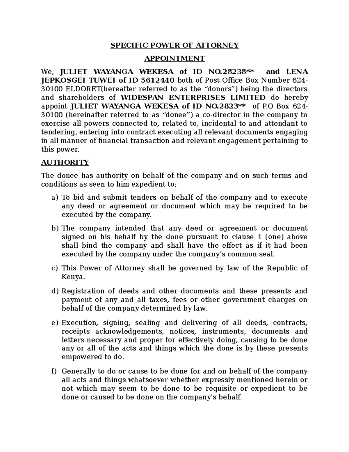 Specific Power of Attorney Document for WIDESPAN ENTERPRISES LTD - Studocu