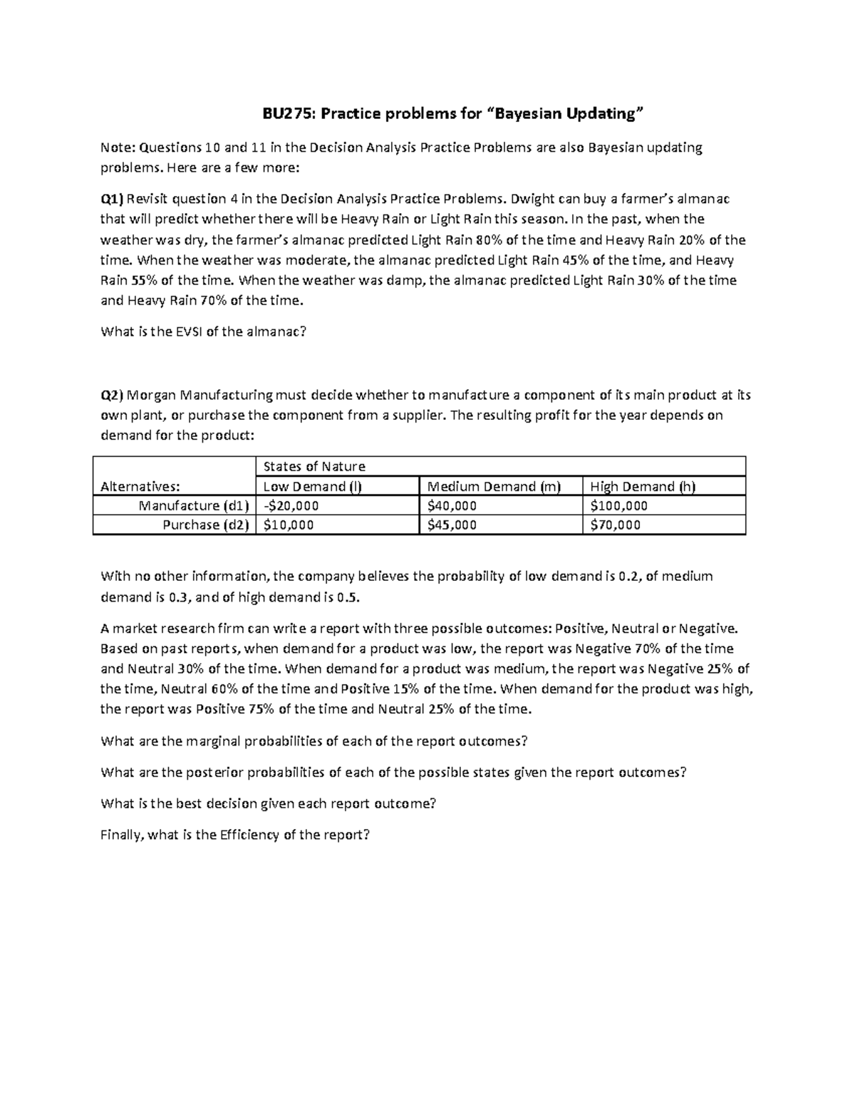 Problems Bayesian Updating - BU275: Practice problems for “Bayesian Updating” Note: Questions 10 ...