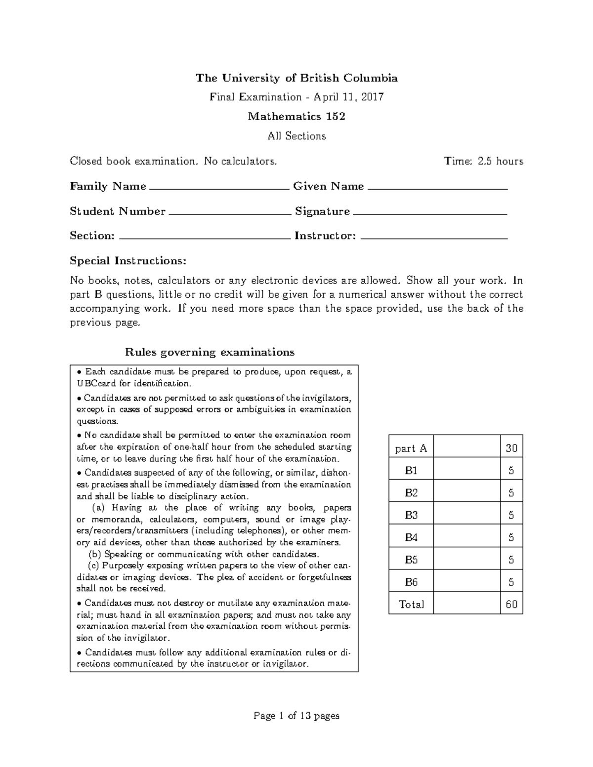 UBC Math 152 Final Exam Guidelines and Questions - April 11, 2017 - Studocu