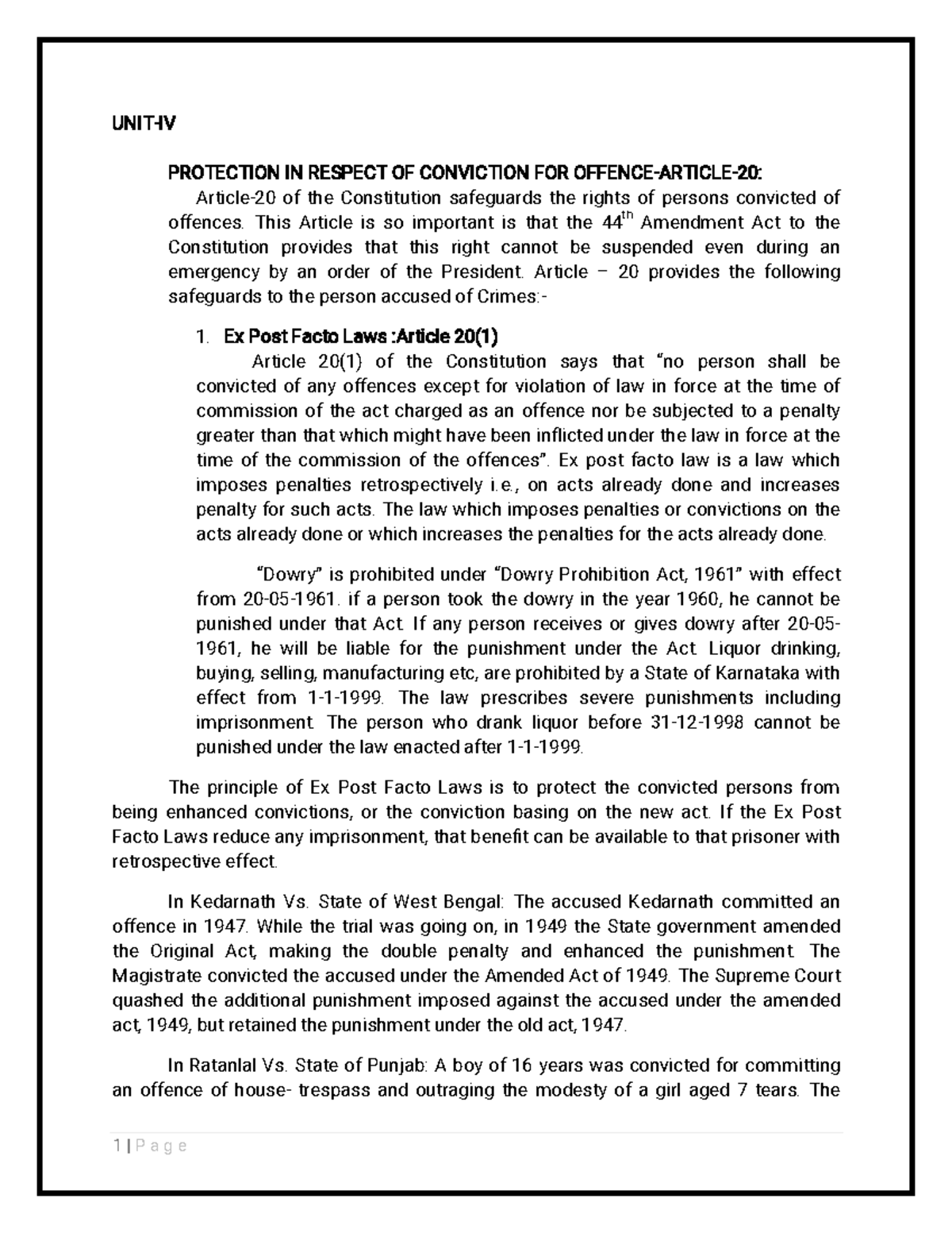 Unit 4 - Constitutional Protections: Articles 20 to 22 Notes - Studocu