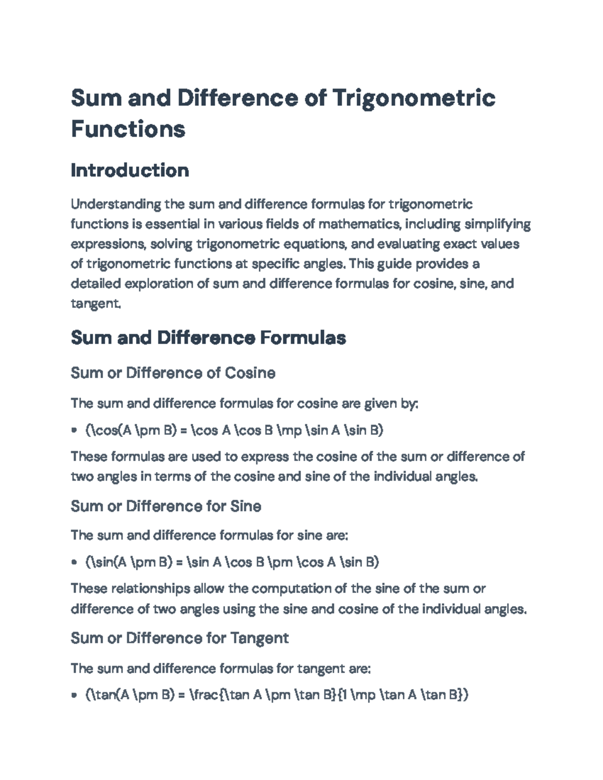 Trigonometric Functions: Sum and Difference Formulas Explained - Sum and Difference of ...