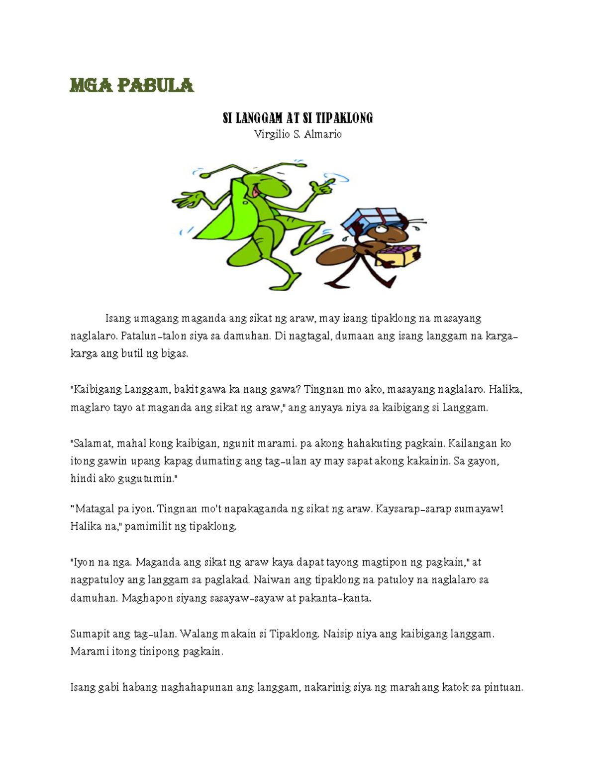 Pabula: Masining na Pagkukwento at mga Aral sa Bawat Kwento - Studocu