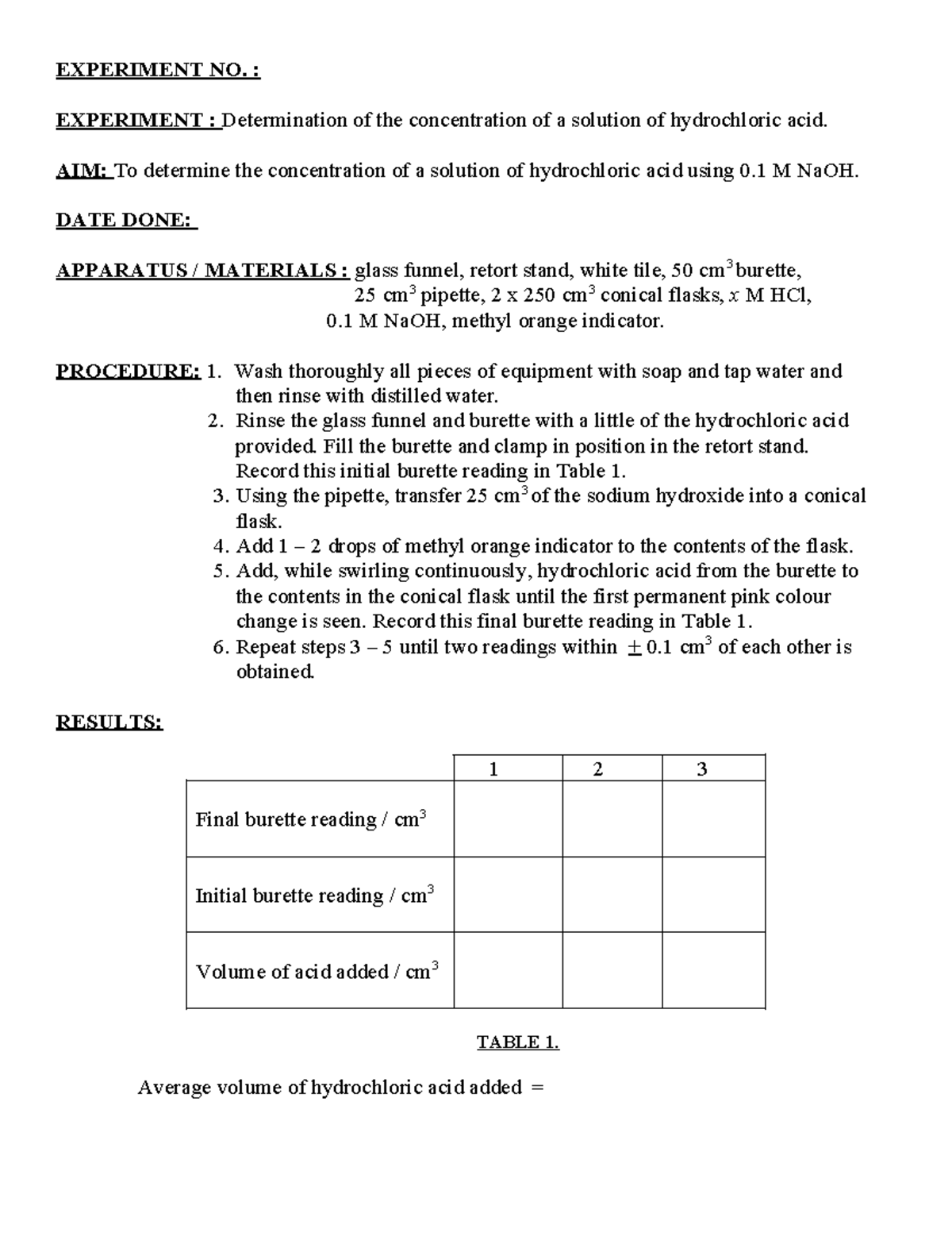 Chemistry Lab Experiment: HCl Concentration Determination (CHEM 101 ...