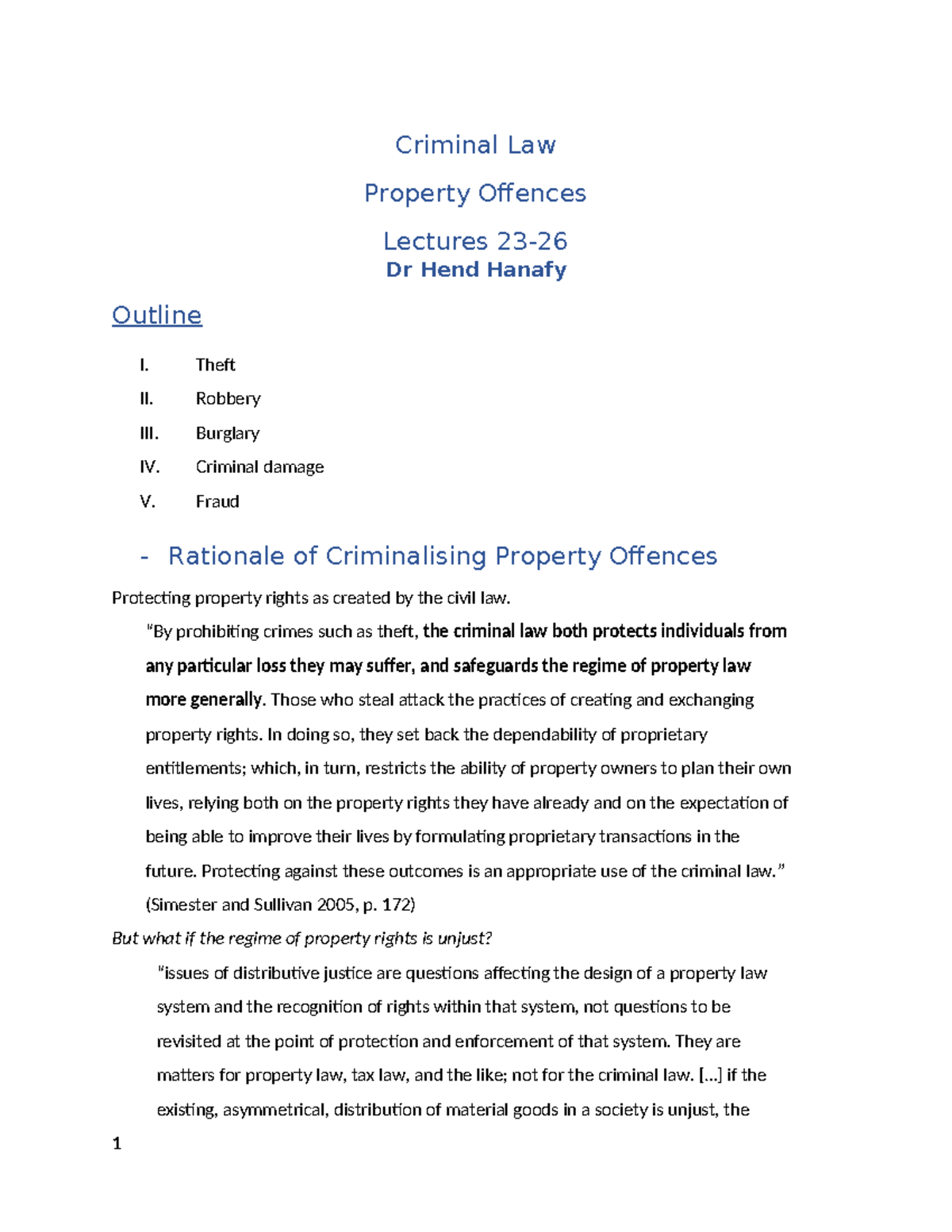 Criminal Law Property Offences - Lectures 23-26 Outline by Dr. Hend ...