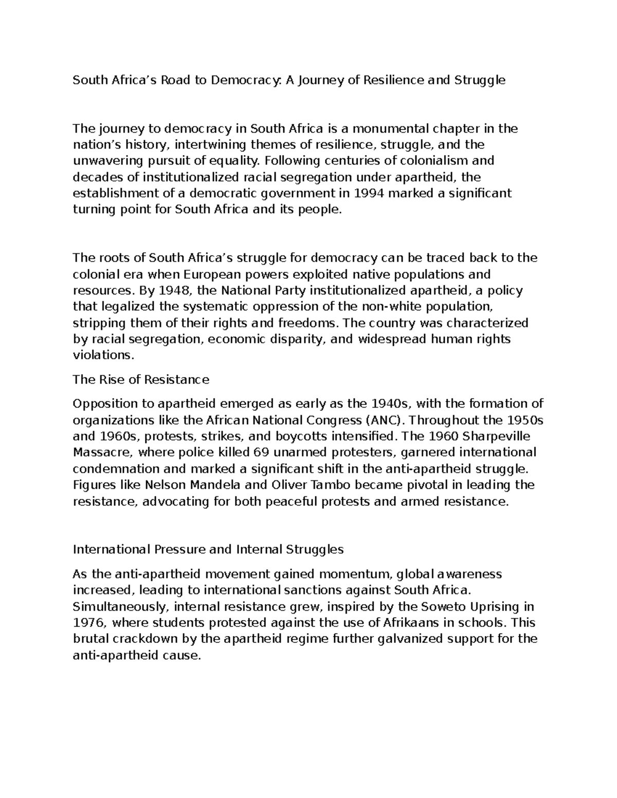 South Africa's Road to Democracy: An Essay on Resilience and Struggle ...