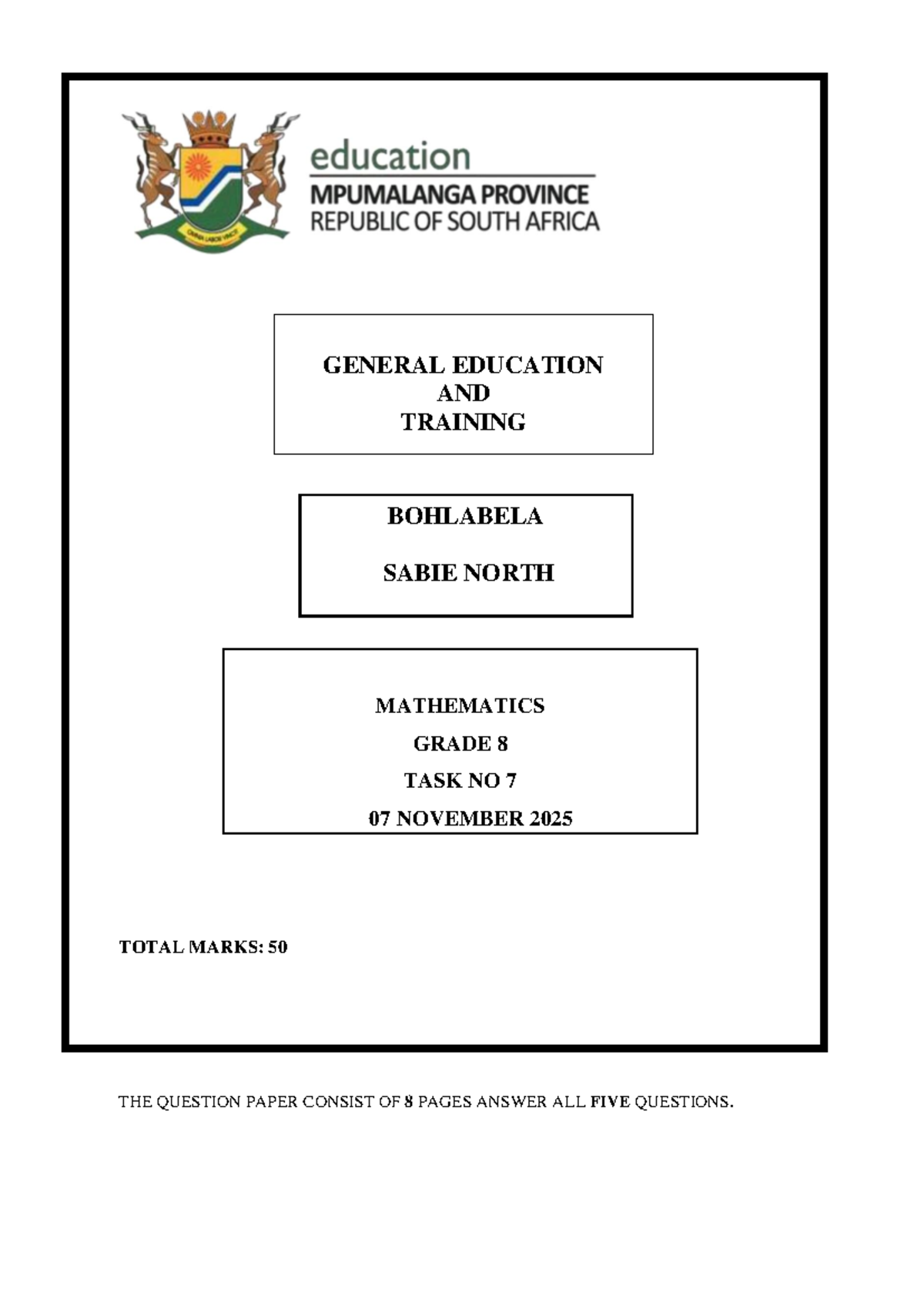 Grade 8 Mathematics Task No 7 - General Education & Training - Studocu