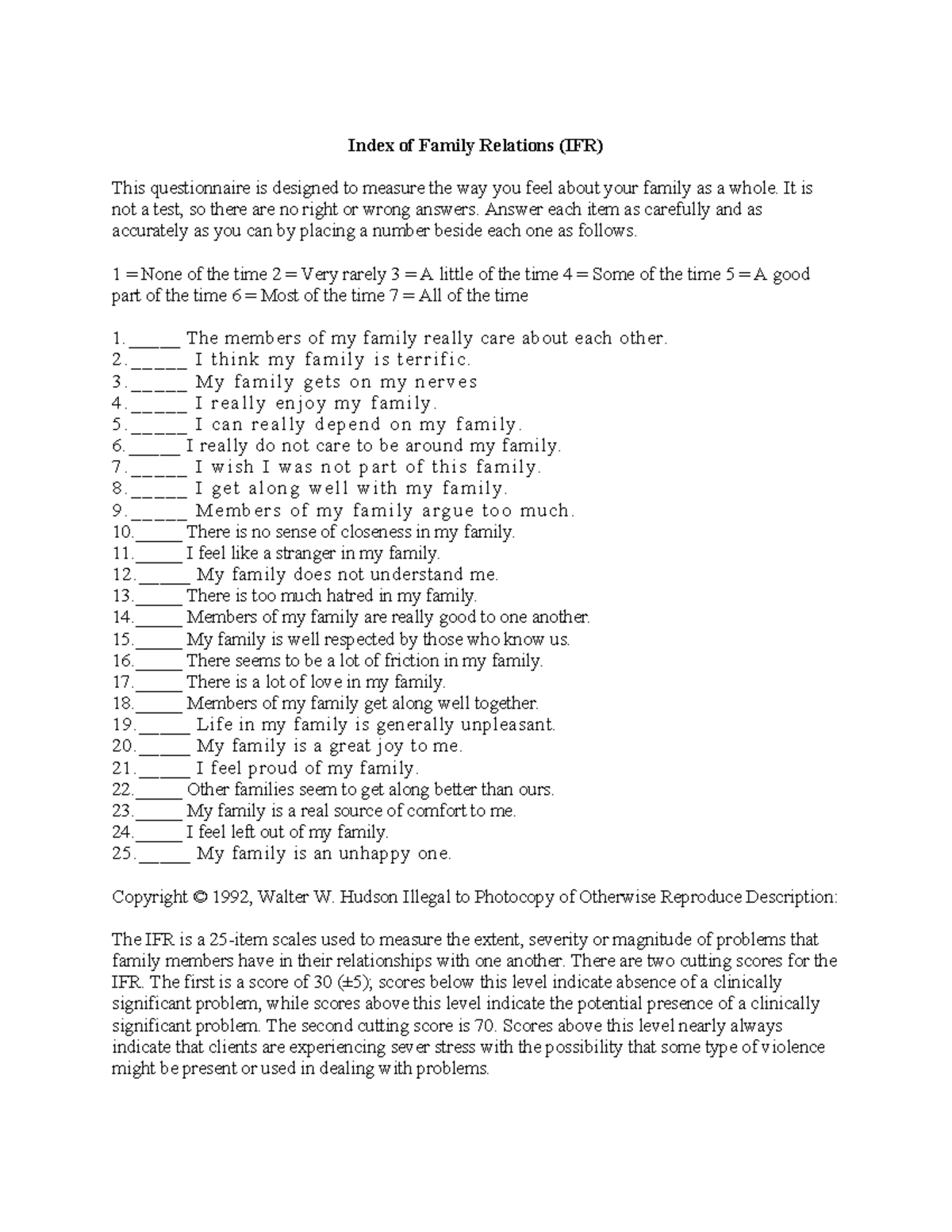 Index of Family Relations (IFR) Questionnaire and Scoring Guide - Studocu