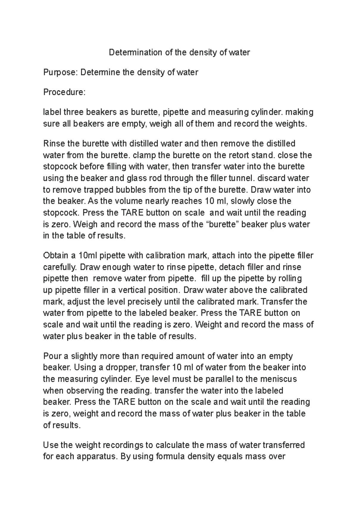 Lab report 2 - post lab information - Determination of the density of ...