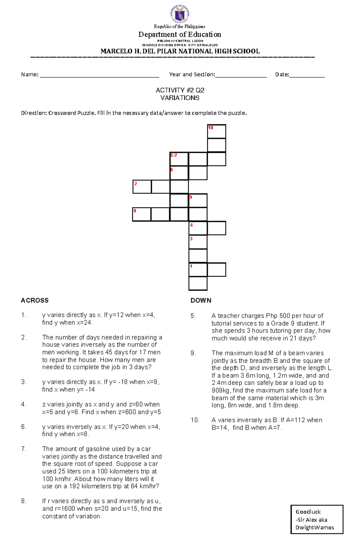Activity 2 Q2 Variations: Crossword Puzzle on Direct and Inverse ...