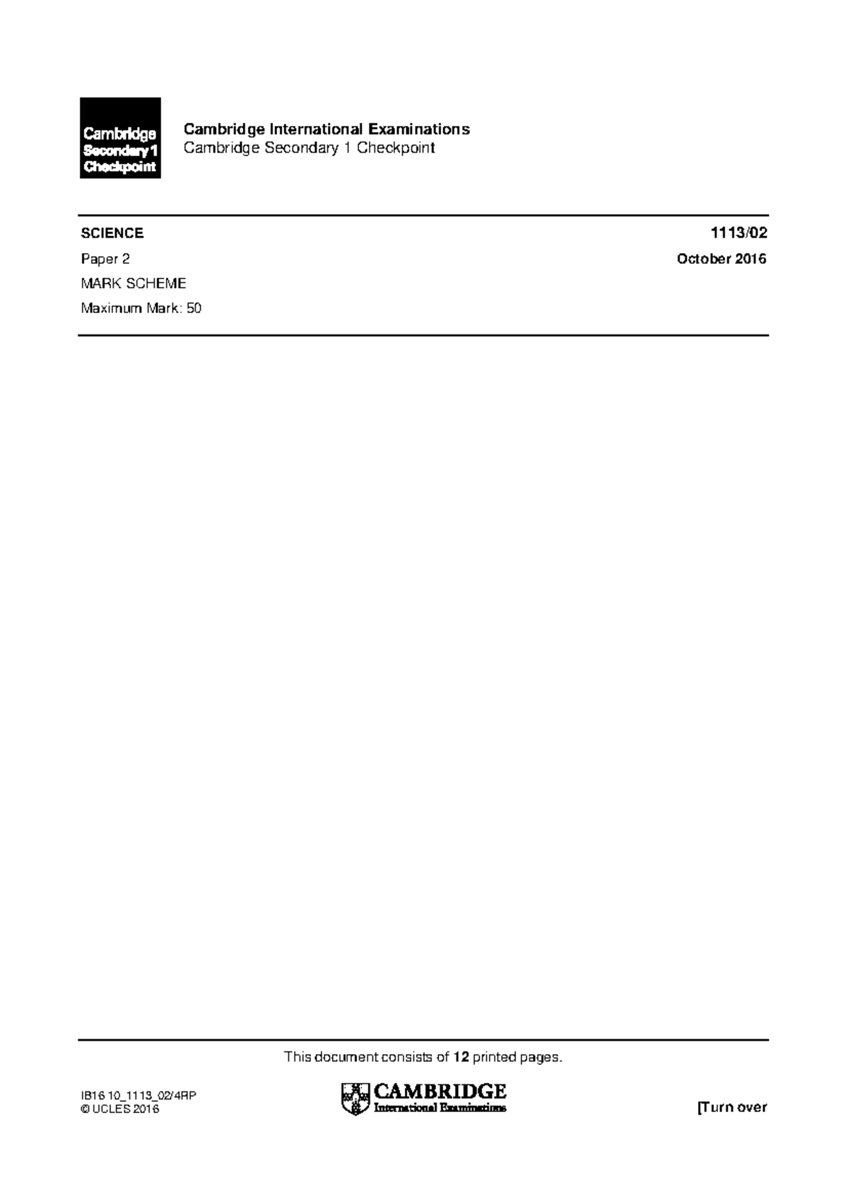 Secondary Checkpoint - Science (1113) Oct 2016 Paper 2 Mark Scheme ...