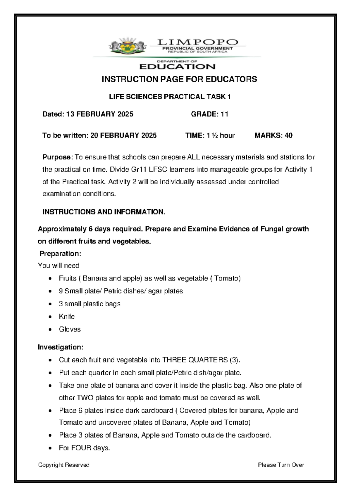 Grade 11 LFSC Practical Task 1 Instruction Page - Feb 2025 - Studocu