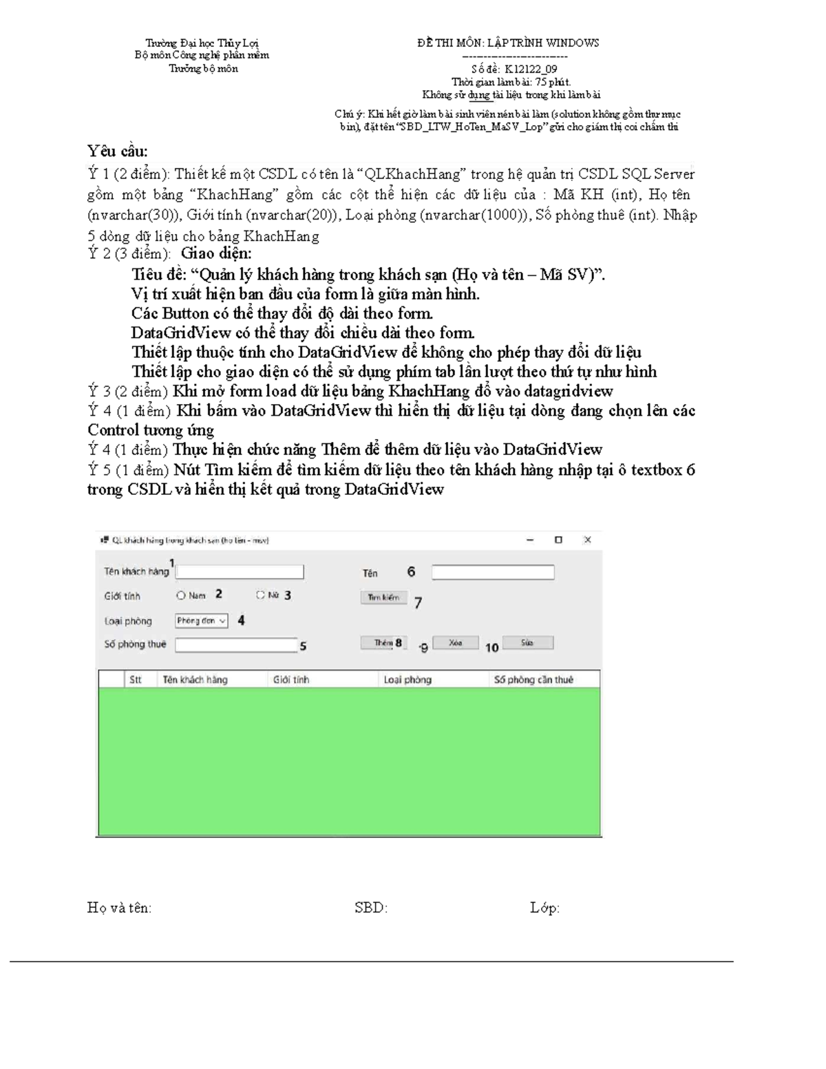 Đề Thi Môn: Lập Trình Windows K12122_09 - Trường ĐH Thủy Lợi - Studocu