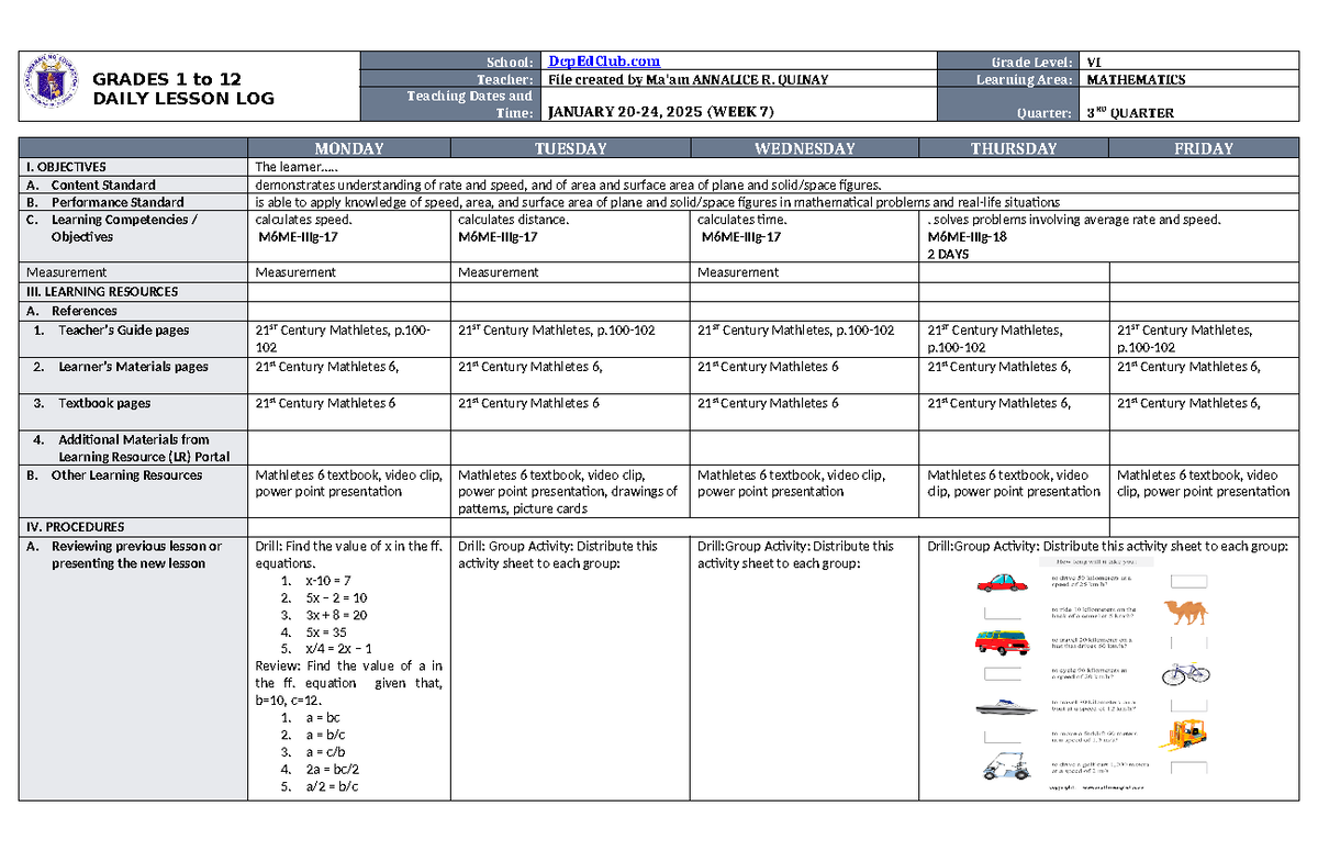DLL Mathematics 6 Q3 W7 - FOR REFERENCE - GRADES 1 to 12 DAILY LESSON LOG School: DepEdClub ...