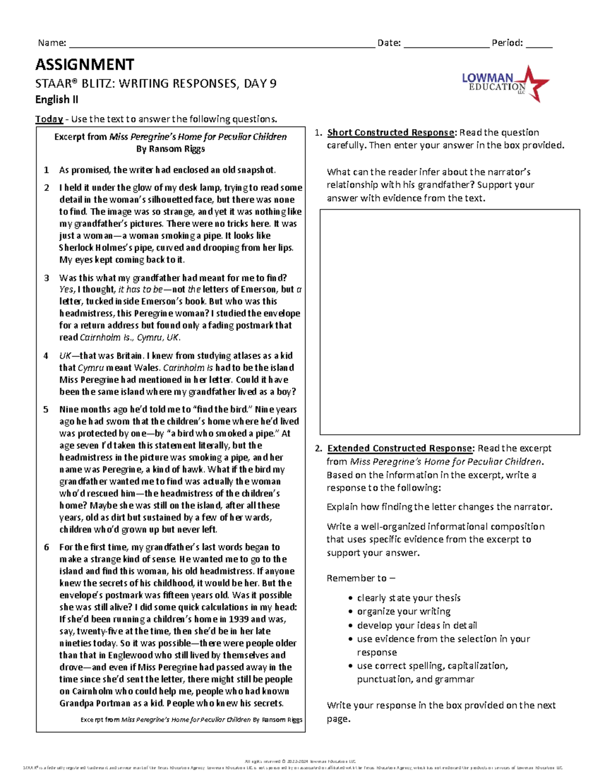 English II Assignment Blitz: Writing Responses - Day 9 - Studocu