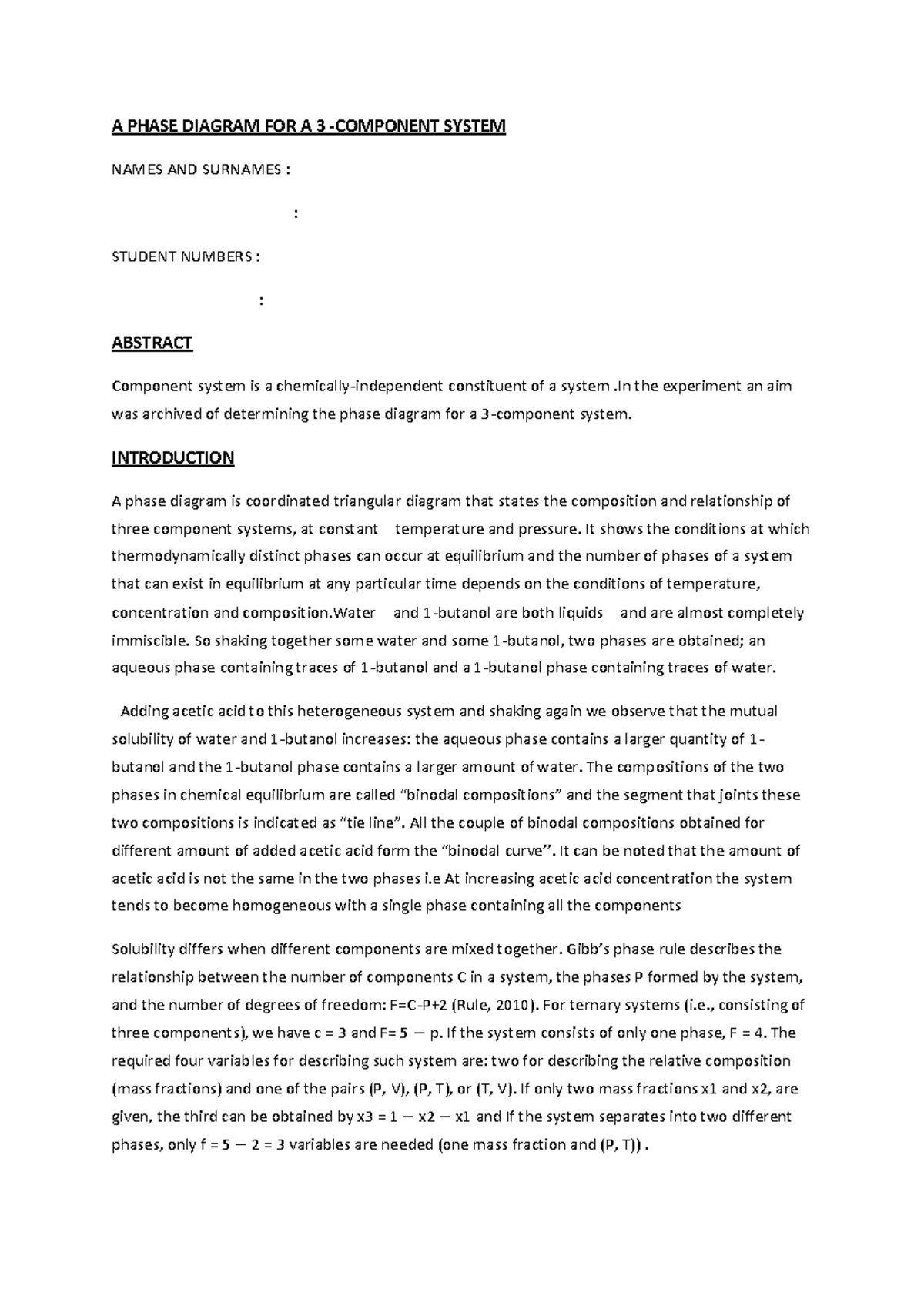 Nche312 - Phase Diagram Study for 3-Component Systems Explained - Studocu