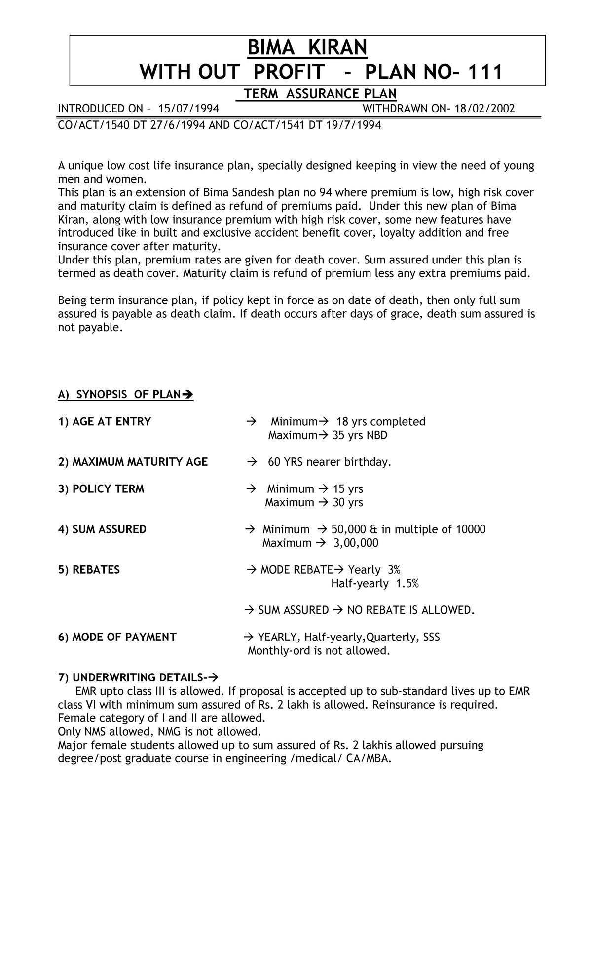 Bima Kiran Plans Overview: Details on Plans 111 & 150 - Studocu