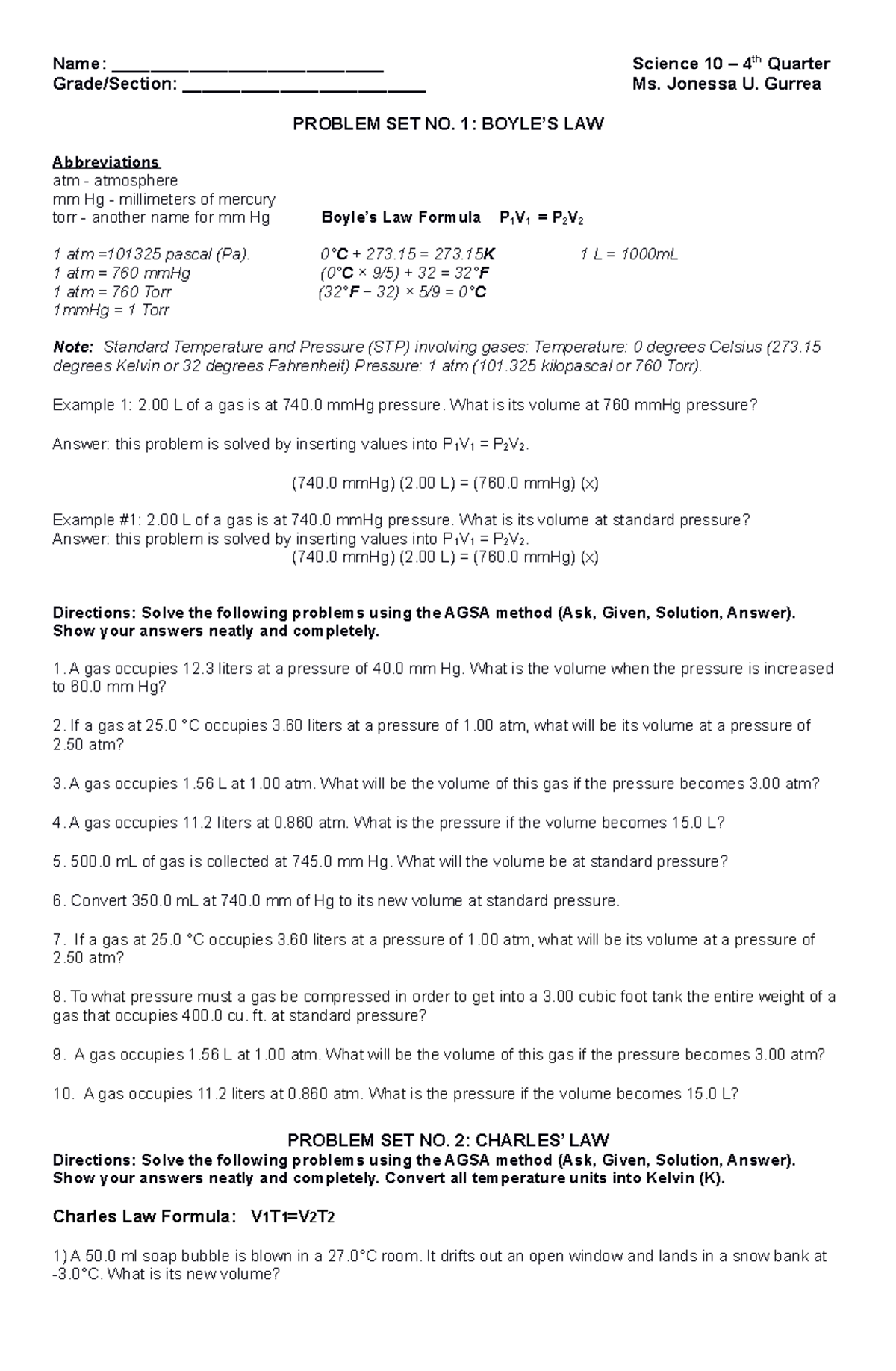 Gas Laws Practice Worksheet: Problem Sets for Science 10 (Q4) - Studocu