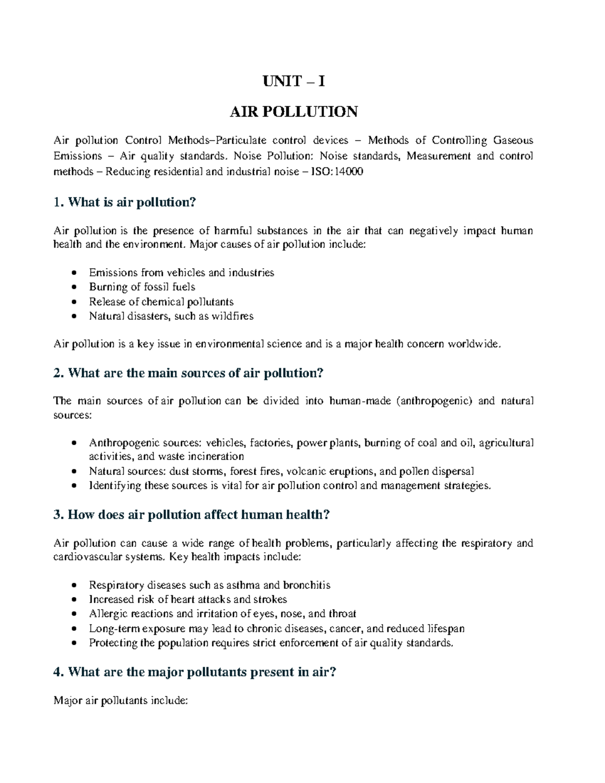 U-1 Air Pollution: Comprehensive Notes on Control & Standards - Studocu