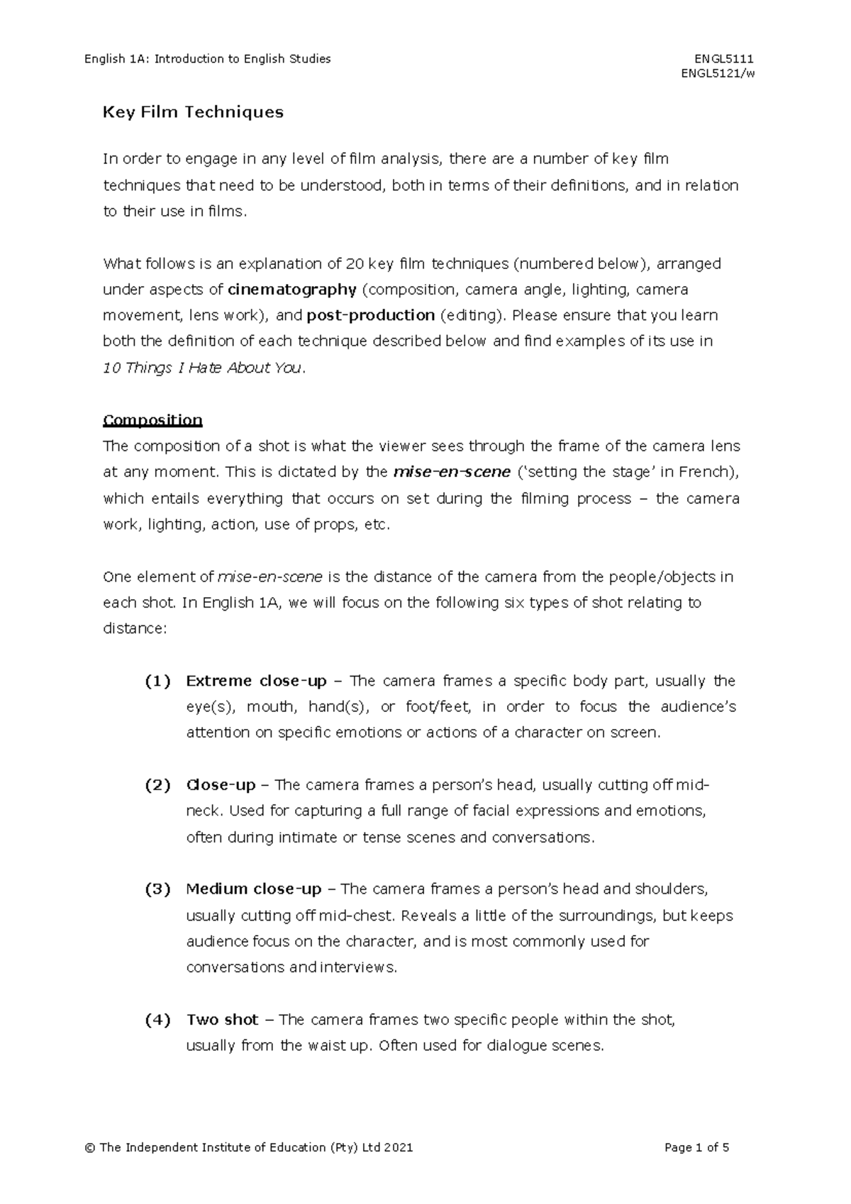 ENGL5121 LU1 Analysis of Key Film Techniques in Cinema - Studocu