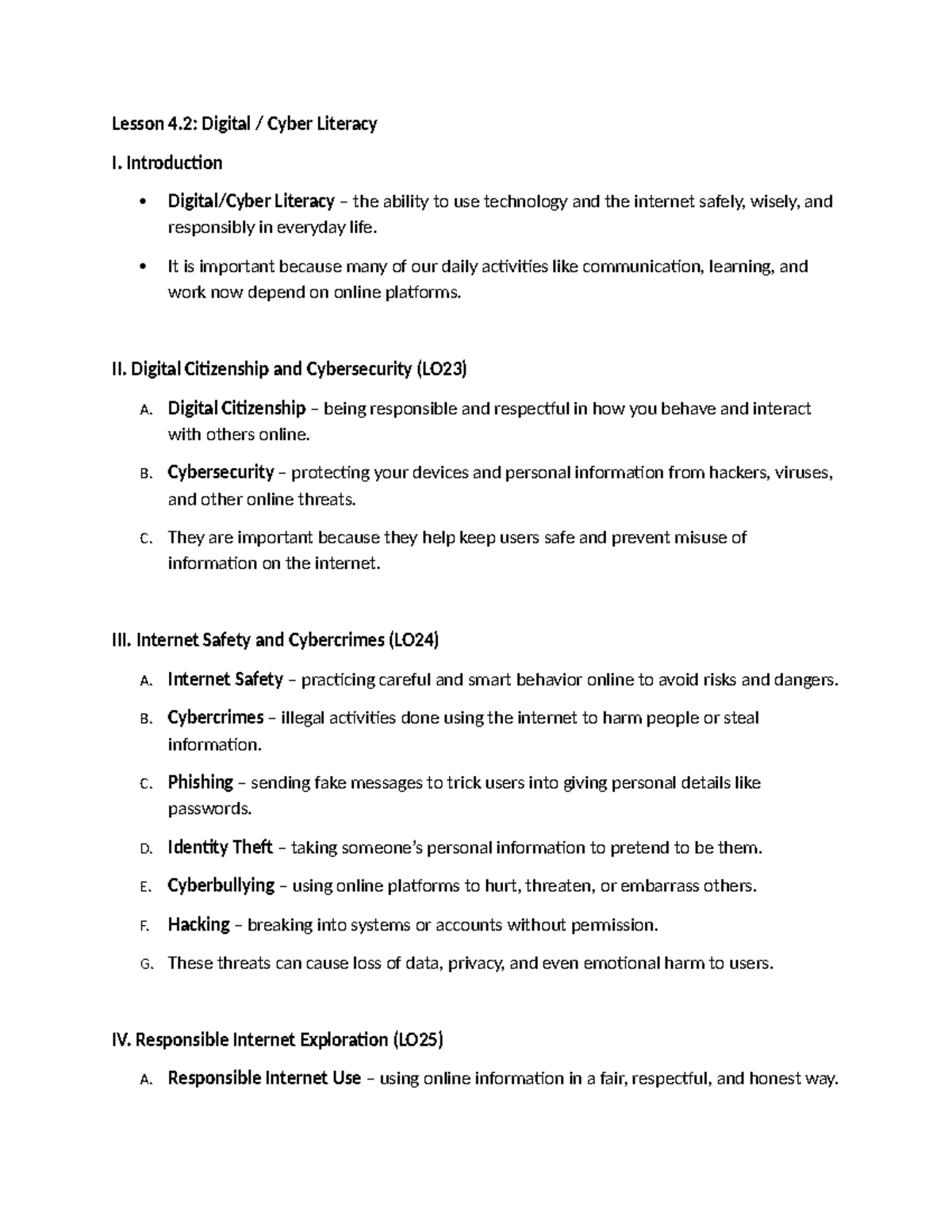 Lesson 4.2: Digital Cyber Literacy and Internet Safety Overview - Studocu