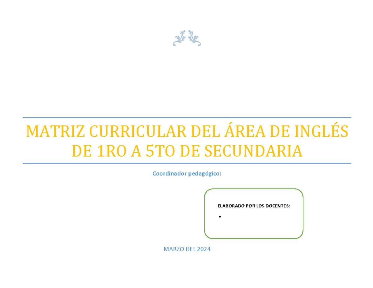 Matriz Curricular de Inglés 1° a 5°: Contenidos Temáticos 2024 - Studocu