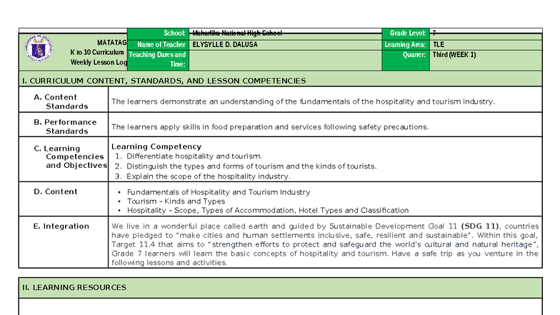 Q3 LE TLE 7 Lesson Plan: Fundamentals of Hospitality & Tourism - Studocu