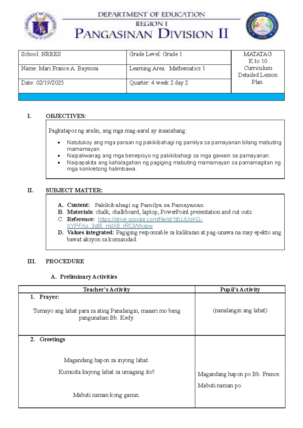 Detailed Lesson Plan: Pakikibahagi ng Pamilya sa Pamayanan (Grade 1 ...