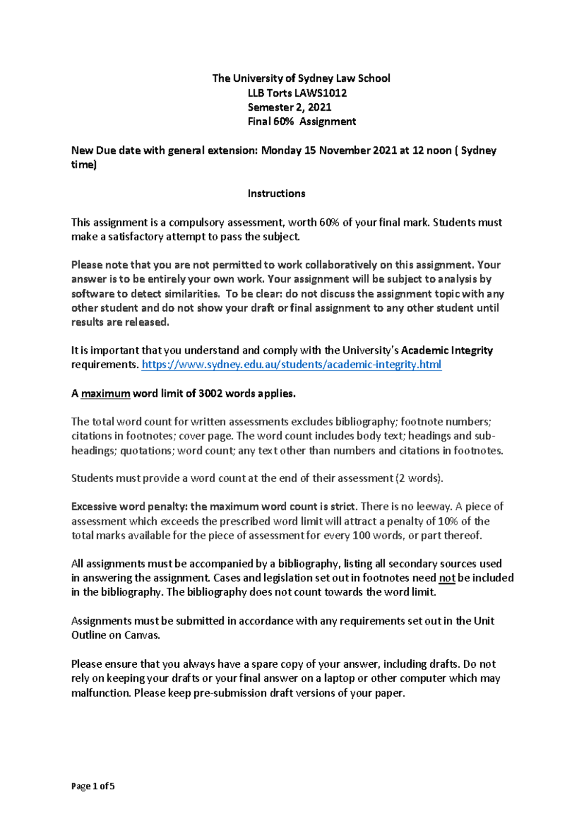 Torts Final Assignment - The University of Sydney Law School LLB Torts ...