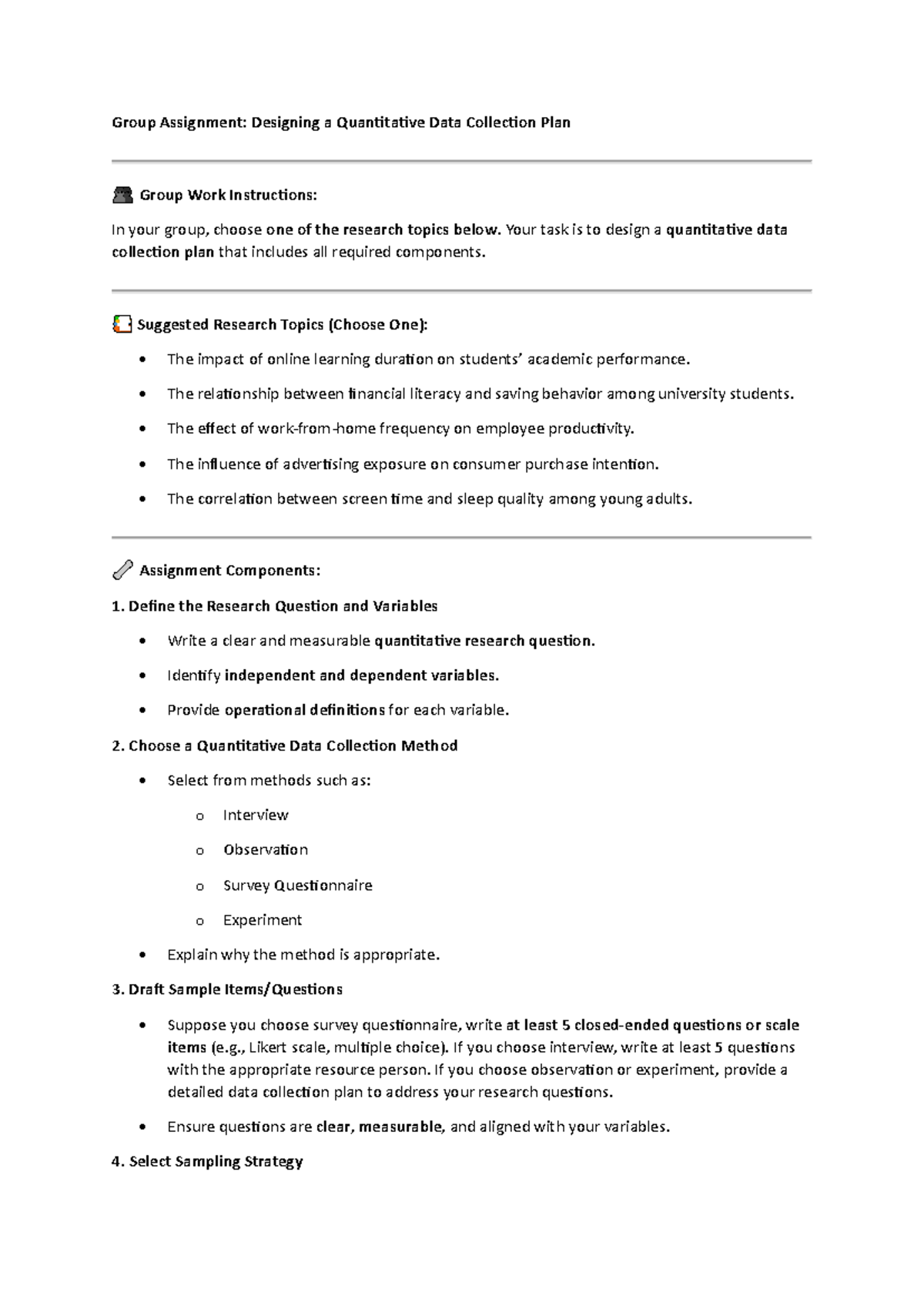 Group Assignment: Designing a Quantitative Data Collection Plan (Week 9 ...