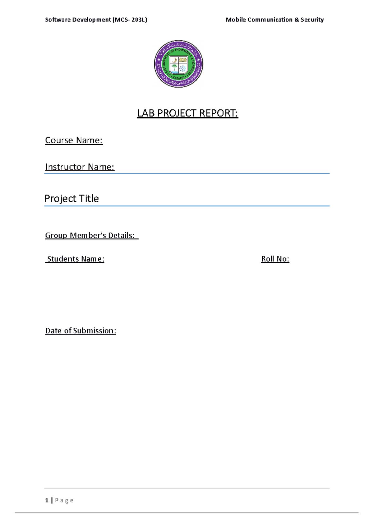Project Report Format - LAB PROJECT REPORT: Course Name: Instructor ...