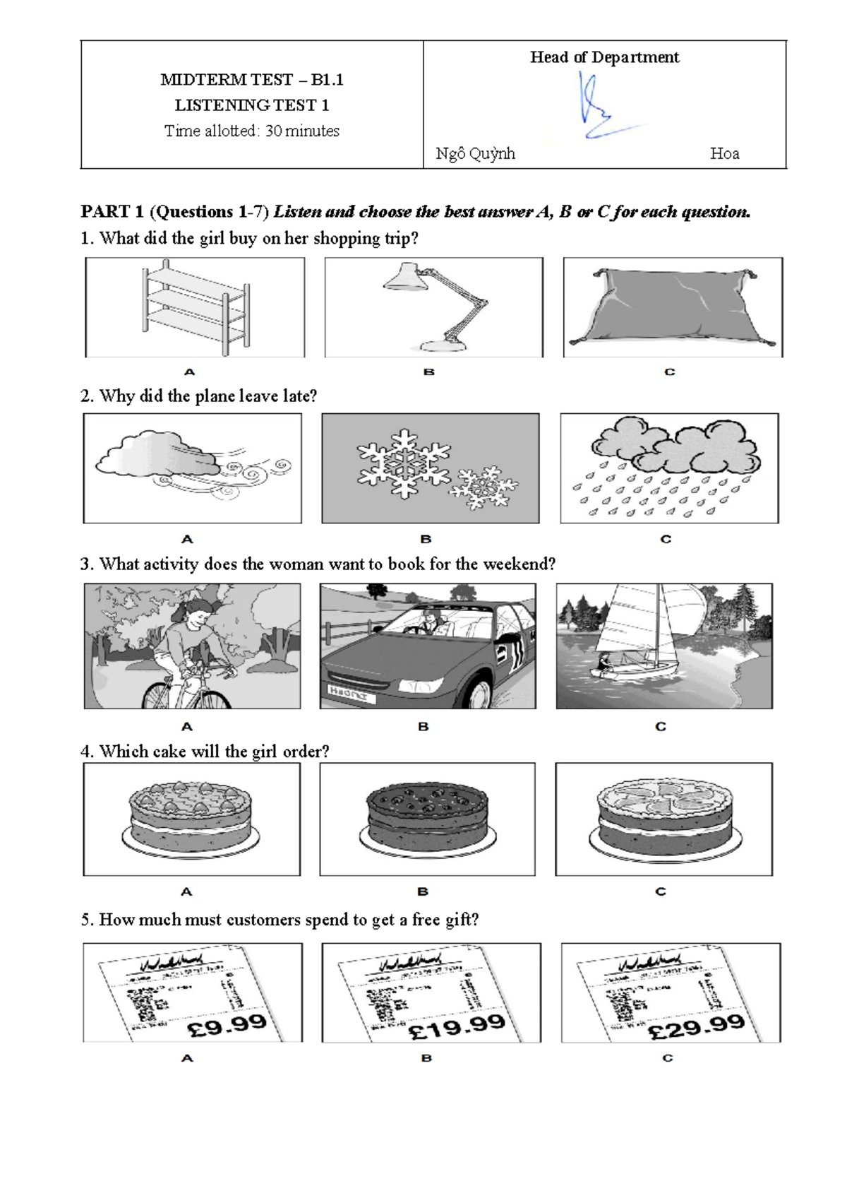 B1.1 MIDTERM LISTENING TEST 1 - Ngô Quỳnh Hoa - Studocu