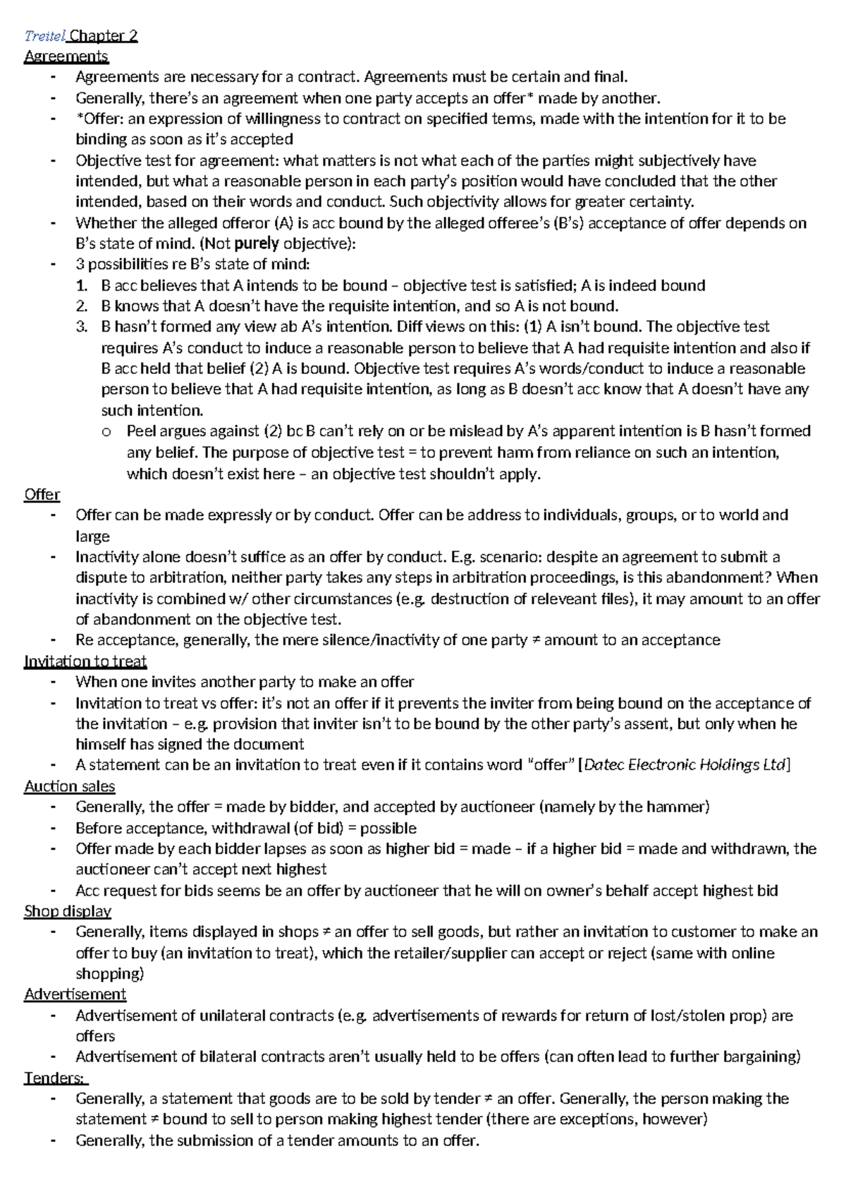 Treitel Contract Law Notes: Chapter 2 & 4 Agreements and Acceptance ...
