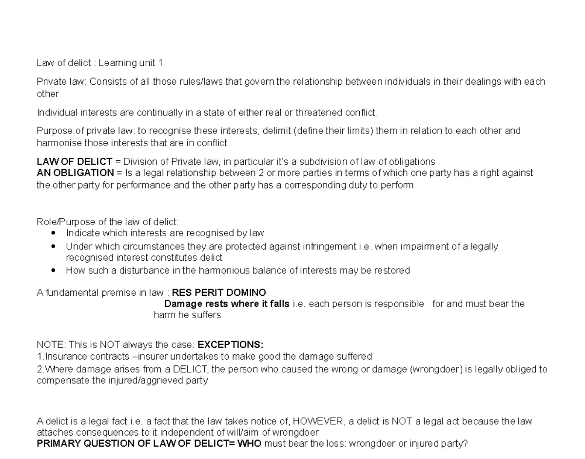Lu2 - LU2 LADE - Law of Delict Unit 2: Conduct Delict is a branch of ...