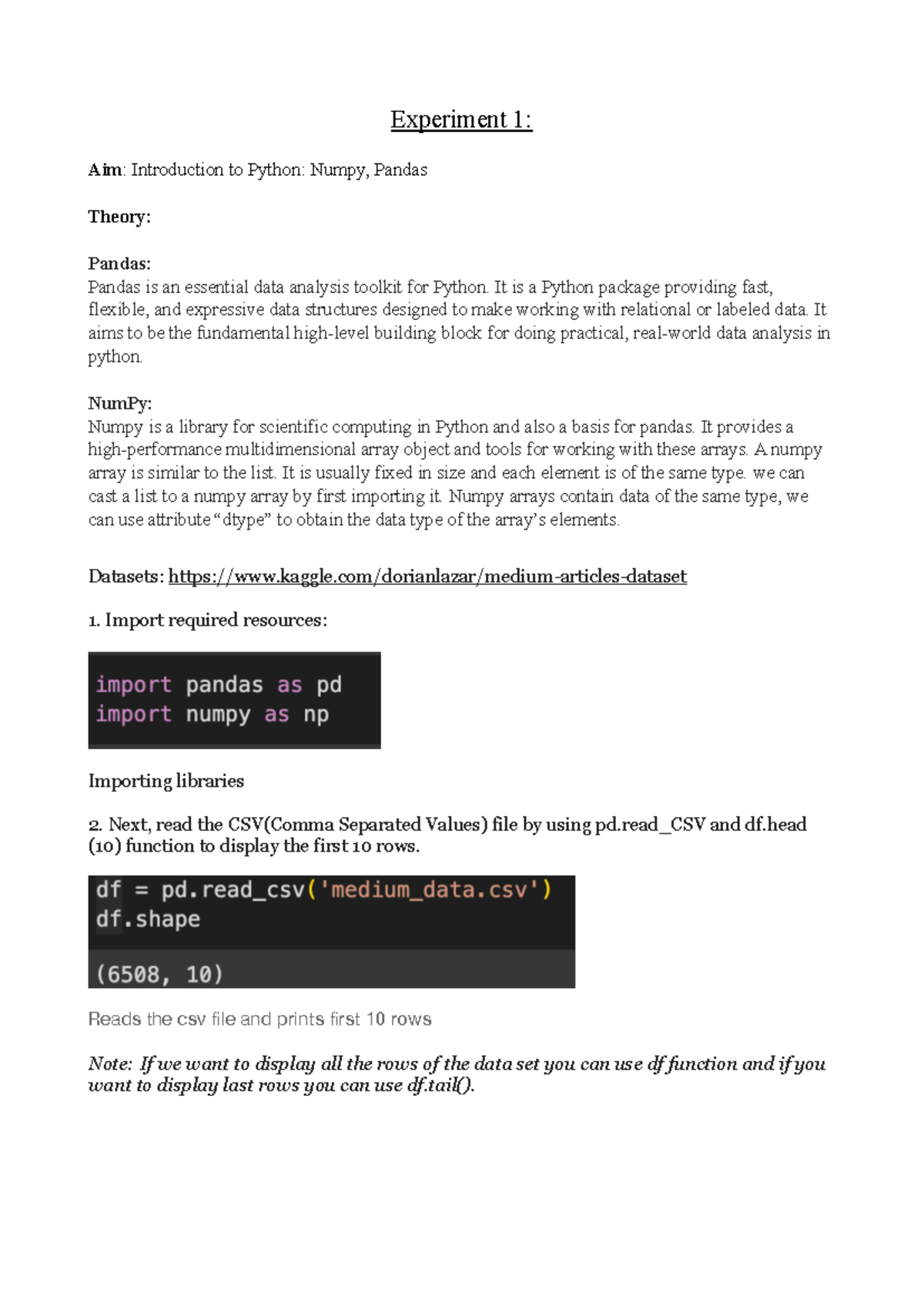 DAV EXP1 - Introduction to Python: Numpy & Pandas Fundamentals - Studocu