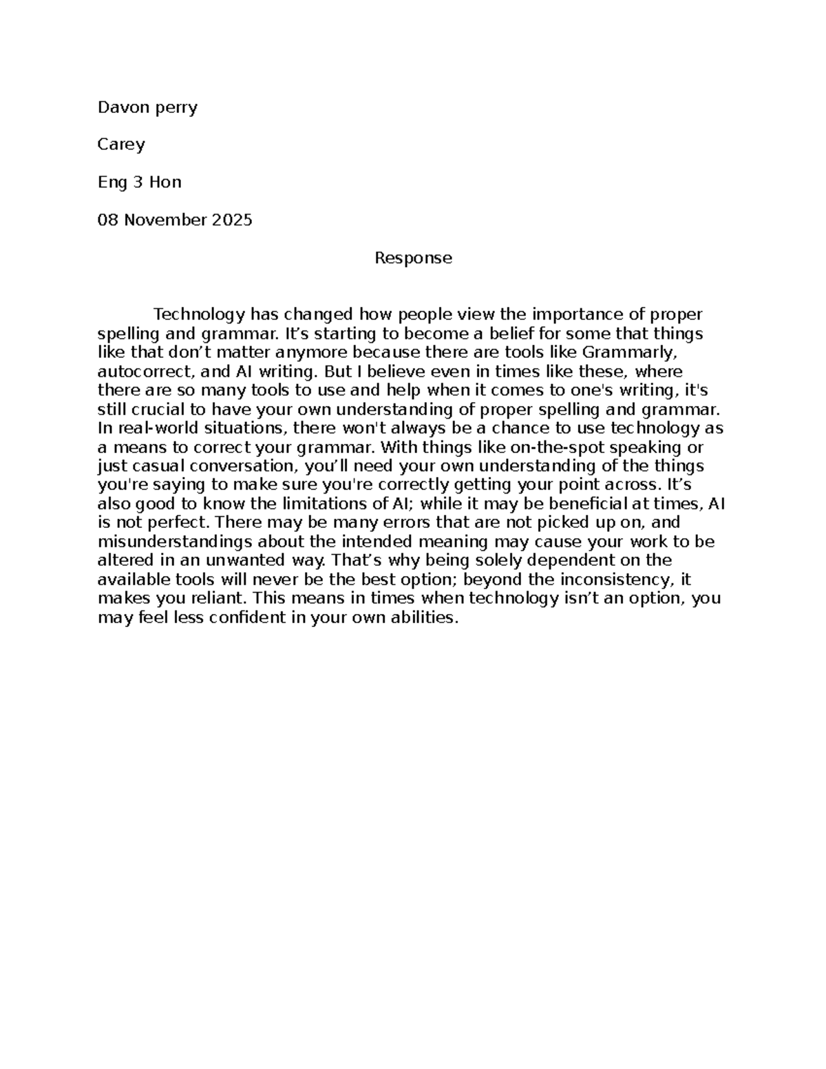 Eng 3 Hon Essay: The Impact of Technology on Writing Skills - Studocu