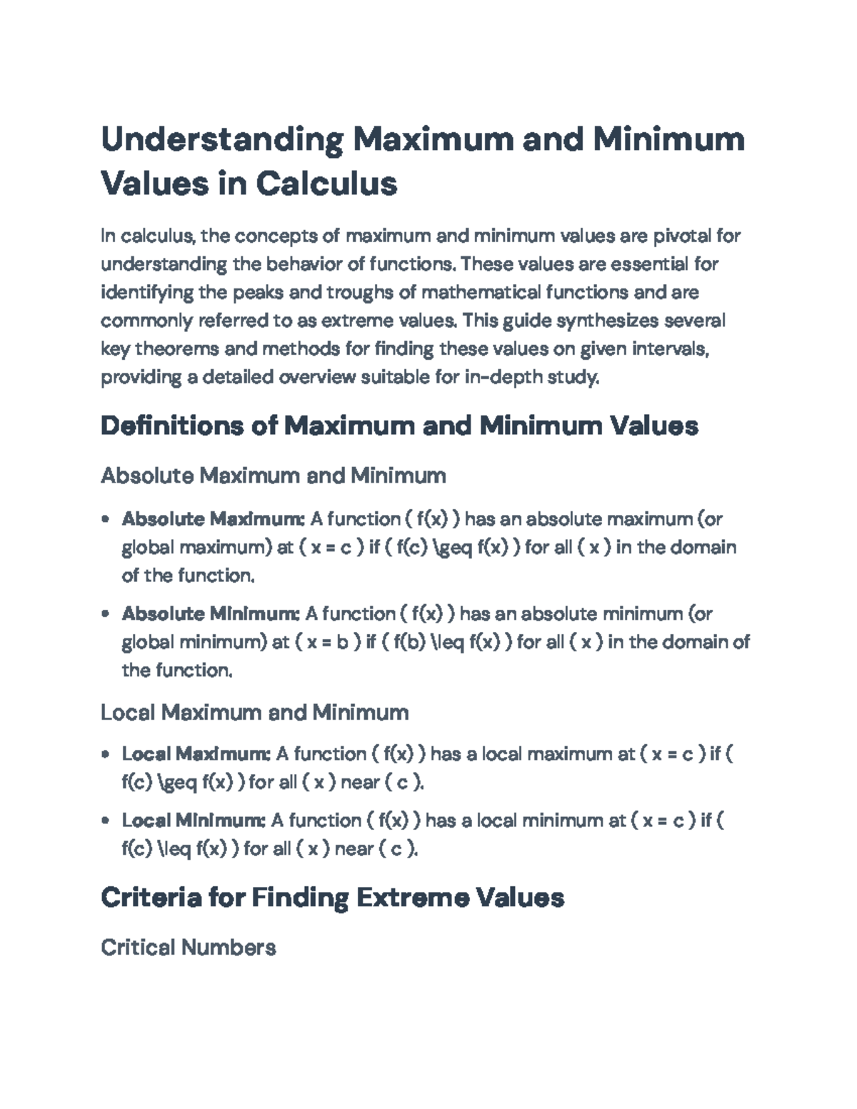 Understanding Maximum and Minimum Values in Calculus (MATH 101 ...
