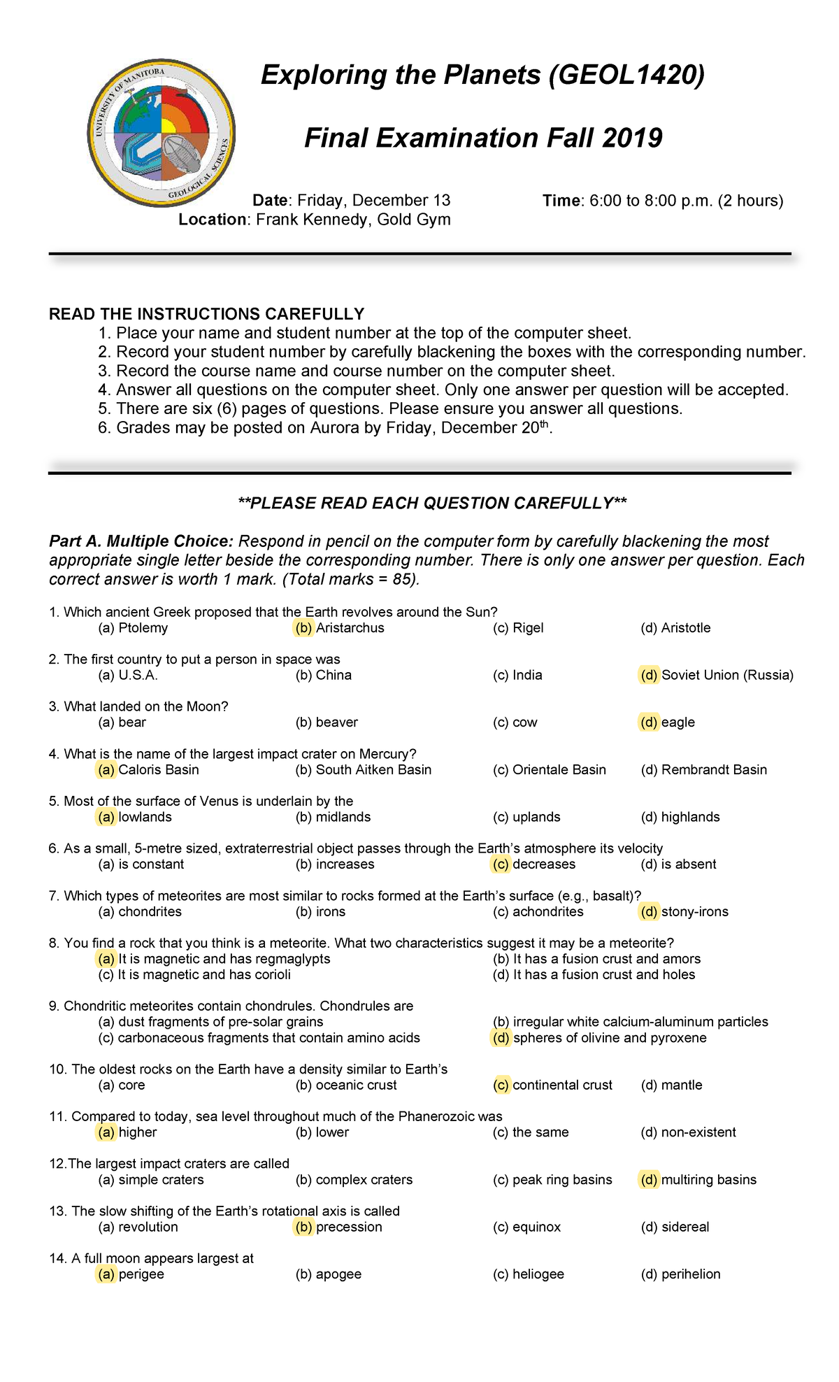 Final examination fall 2019 Answer Key - Exploring the Planets ...