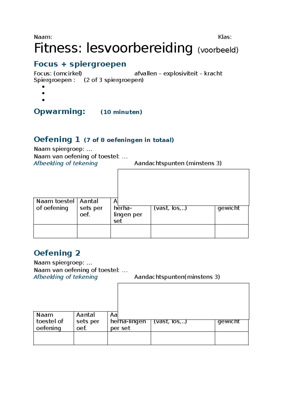 Voorbeeld Trainingsschema Fitness (DEA) - Lesvoorbereiding - Studocu