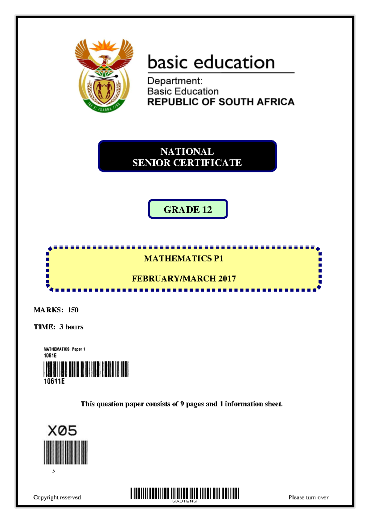Grade 12 NSC Mathematics P1 Supplementary Exam Paper 2017 - Studocu