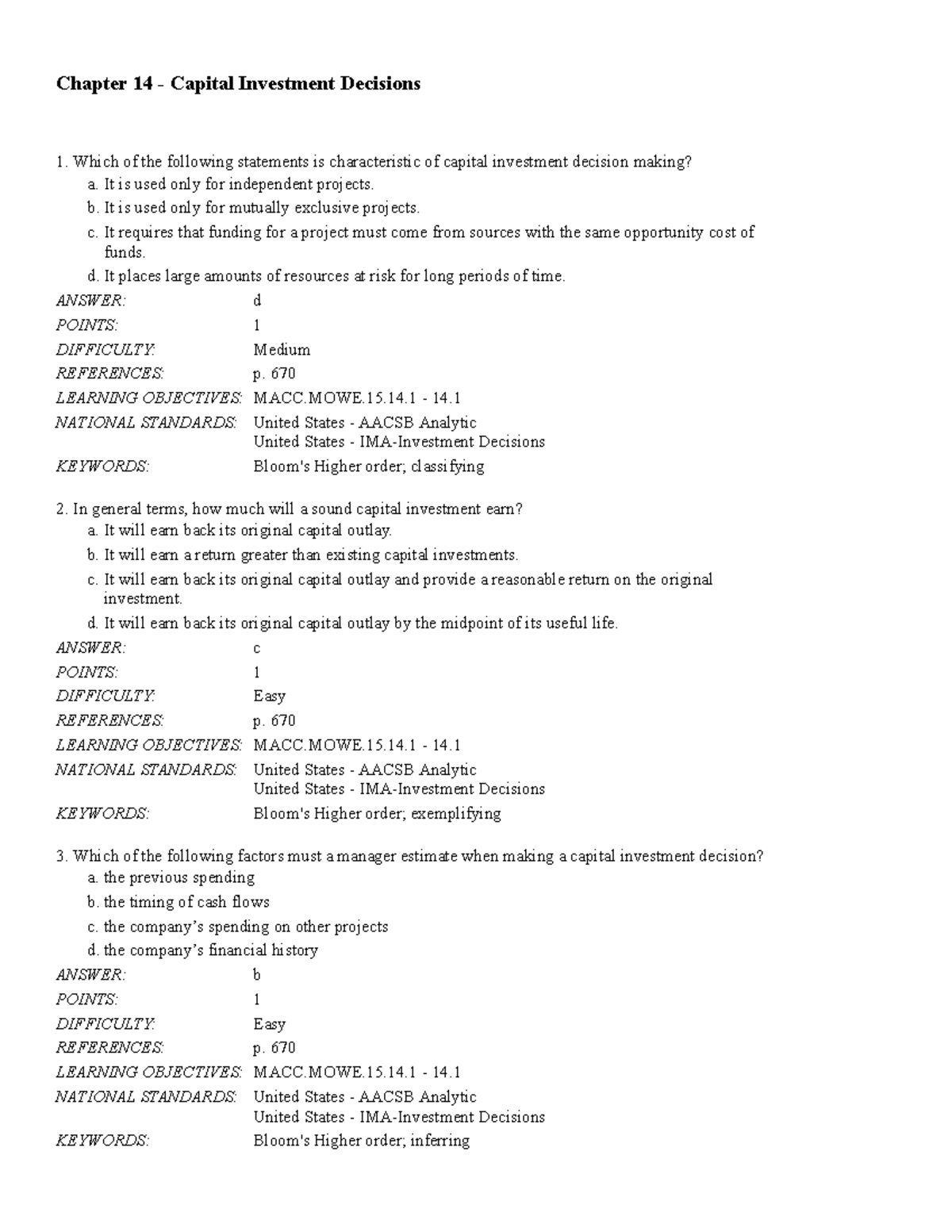 Ch14 Capital Investment Decisions Practice Questions and Answers - Studocu
