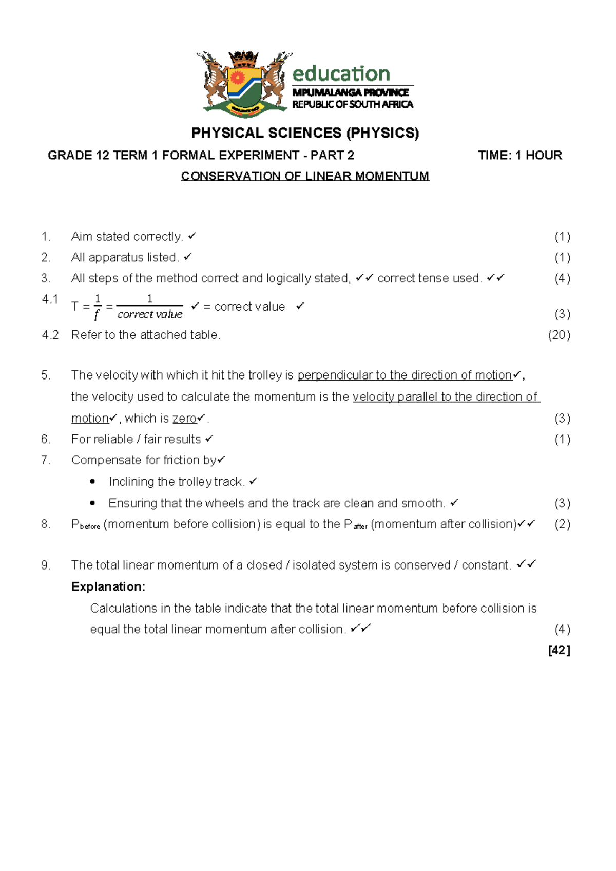 Grade 12 Term 1 Physical Sciences Formal Experiment Part 2 Memo - Studocu