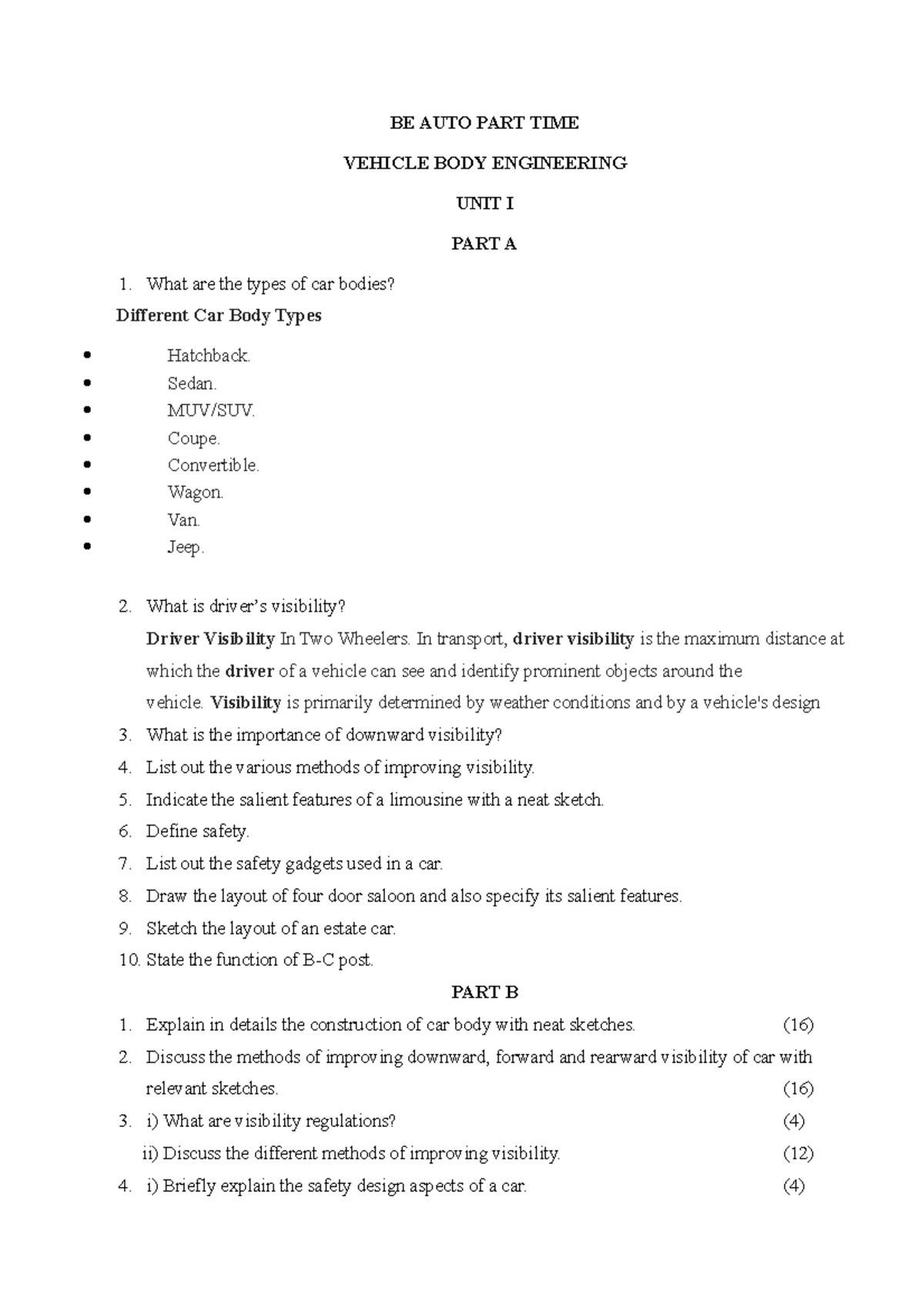 VBE Vehicle Body Engineering Lecture Notes and Key Topics - Studocu