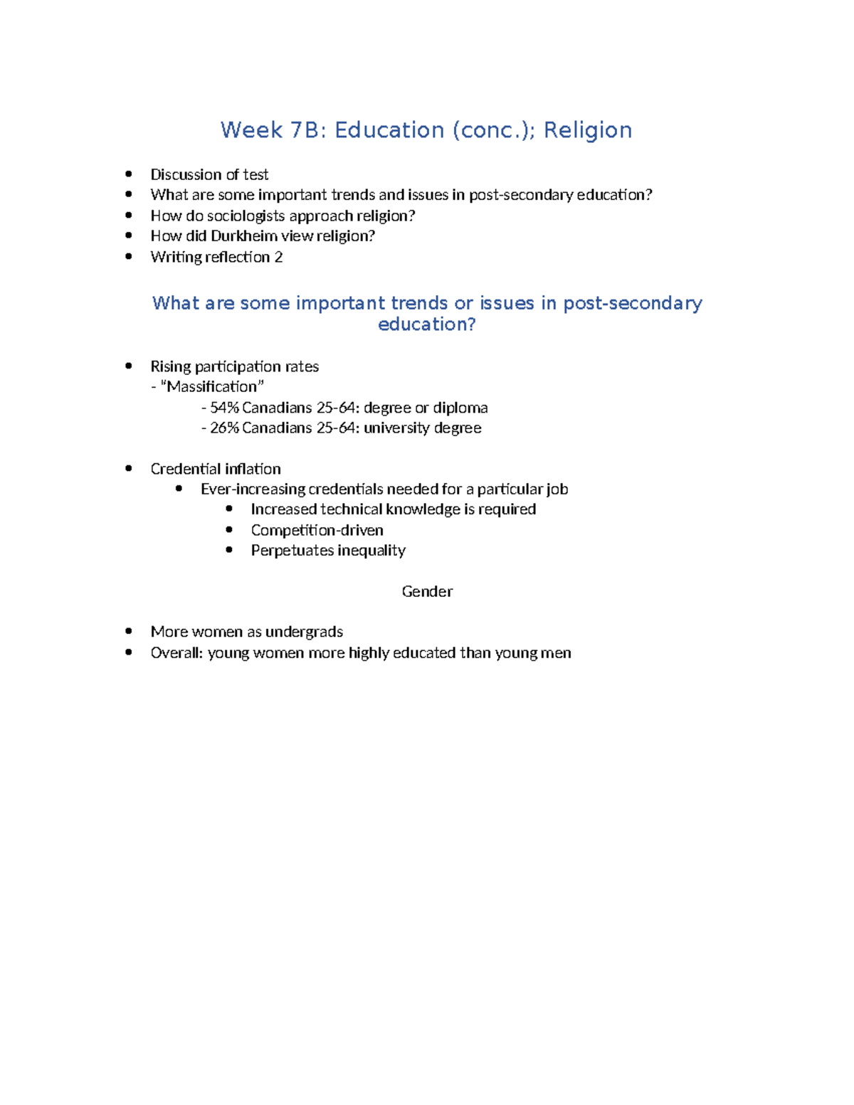 Week 7B: Education Trends & Durkheim's View on Religion - Studocu