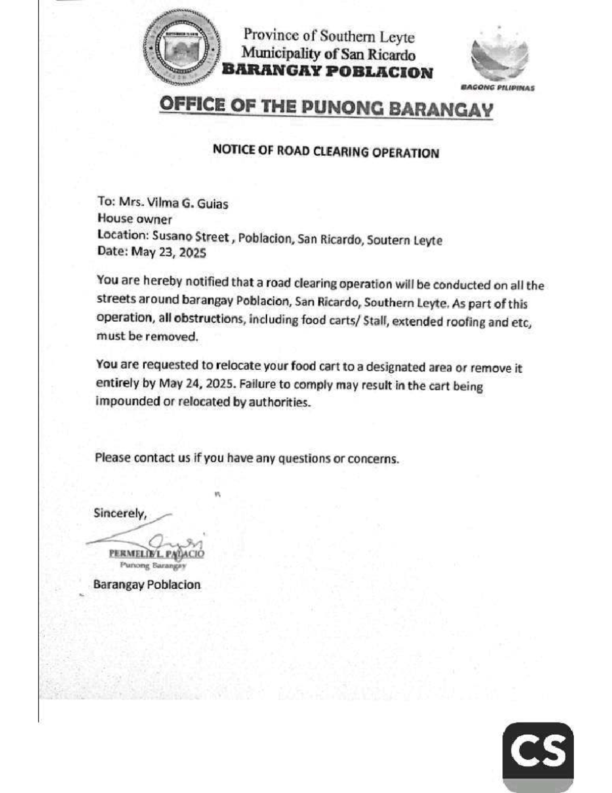 Notice of Road Clearing Operation - Barangay Poblacion, San Ricardo ...