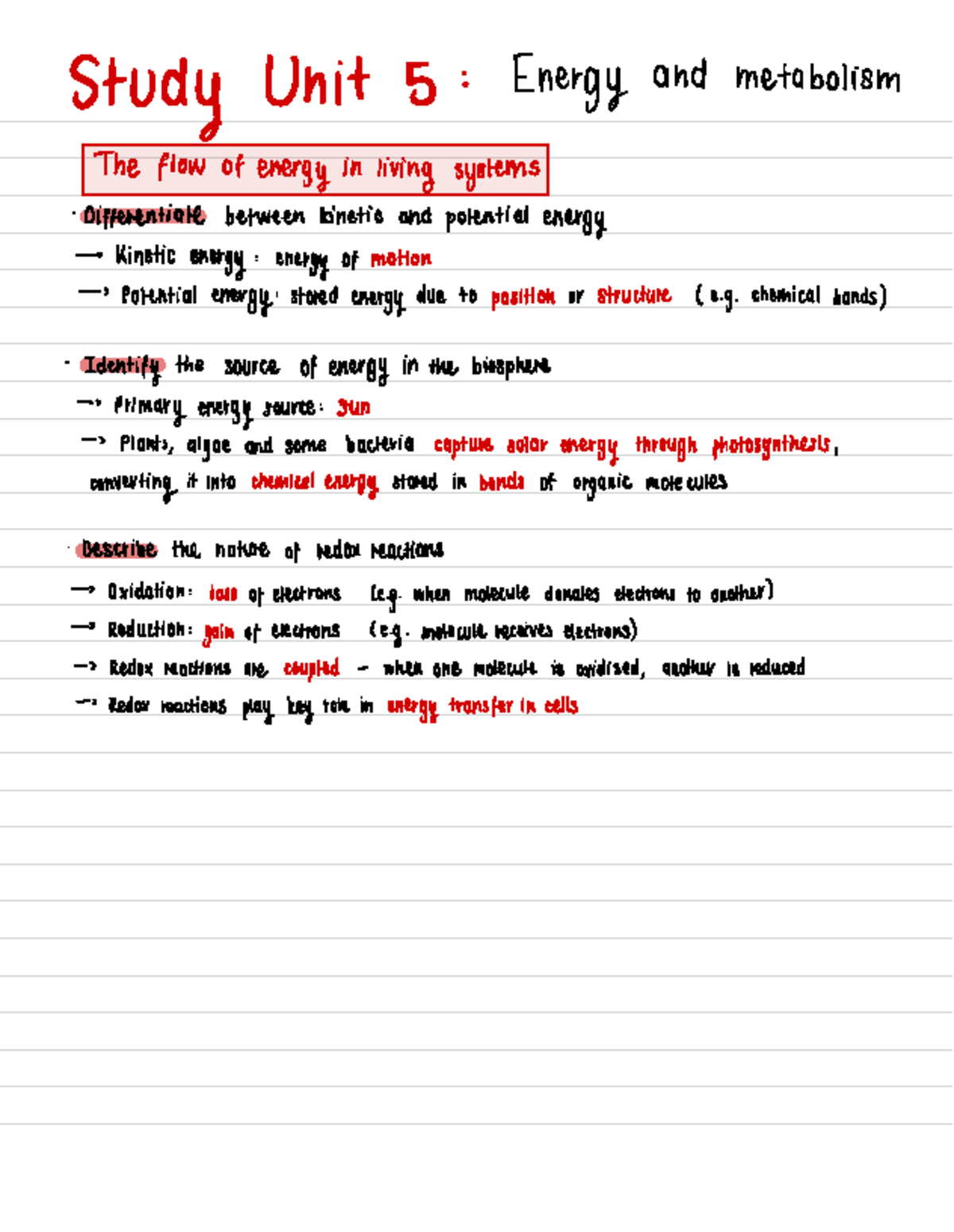 Unit 5 - Energy Transfer & Metabolism: Key Concepts & Reactions - Studocu