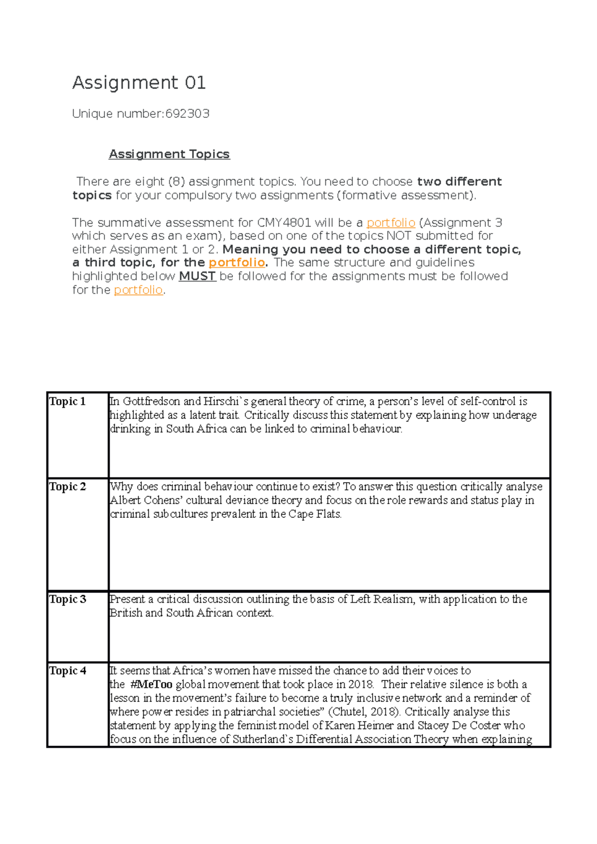 CMY 4801 Assignments 1, 2 & 3: Guidelines and Topics Overview - Studocu